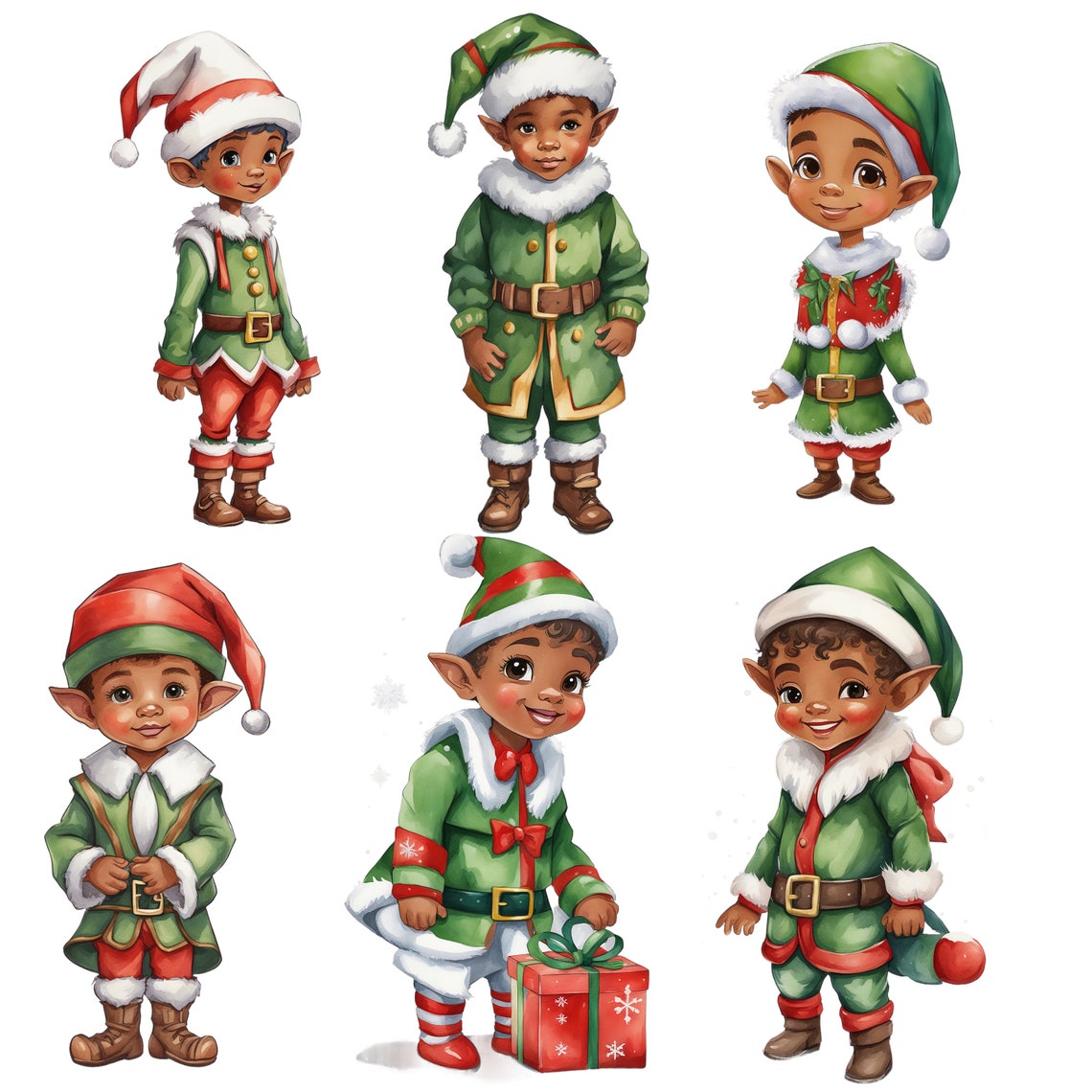 Afro American Elf Clipart PNG Dark Skin Christmas Elves Digital ...