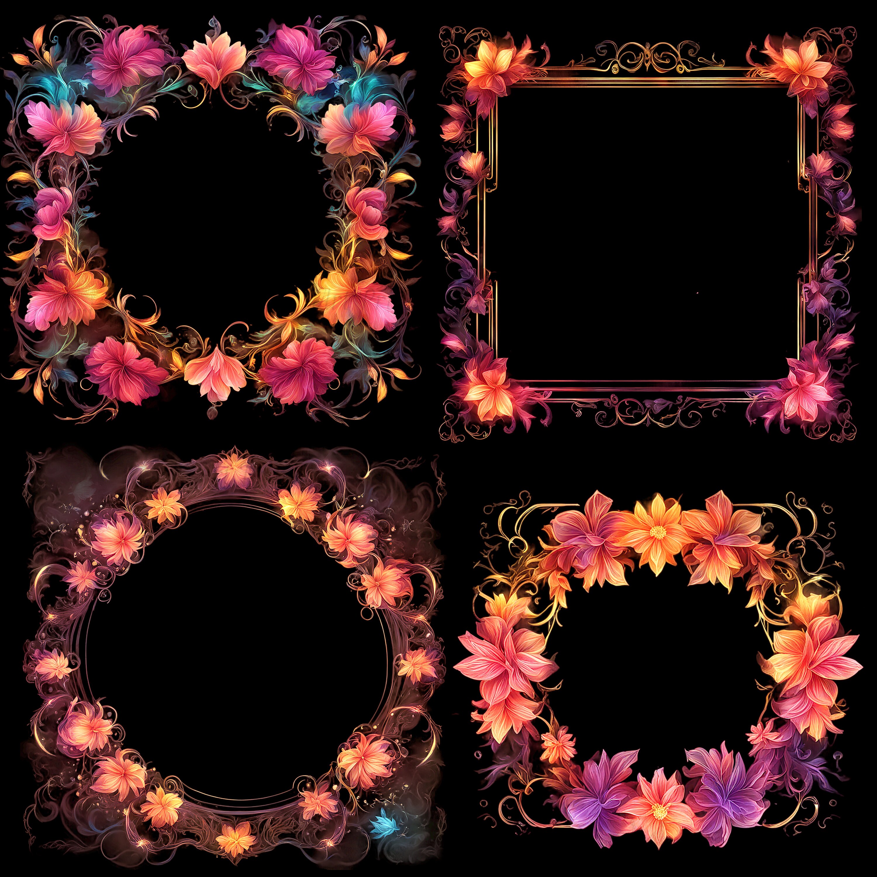 Neon Floral Frames Clipart PNG Neon Elements Clipart Glowing Neon ...