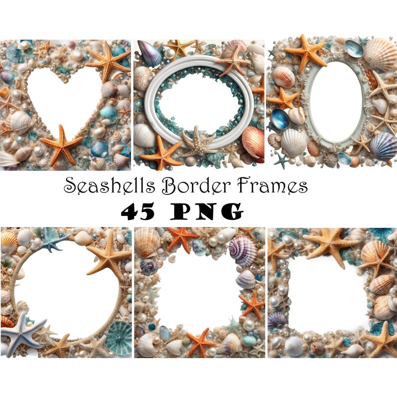Tropical Seashells Digital Border Frames Clipart PNG Beach Overlays ...