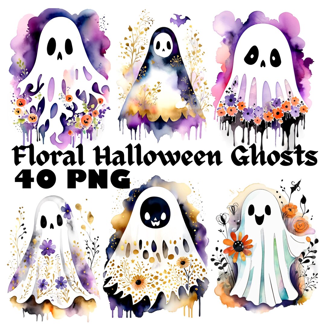 40 Cute Watercolor Floral Halloween Ghost Clipart PNG Abstract ...
