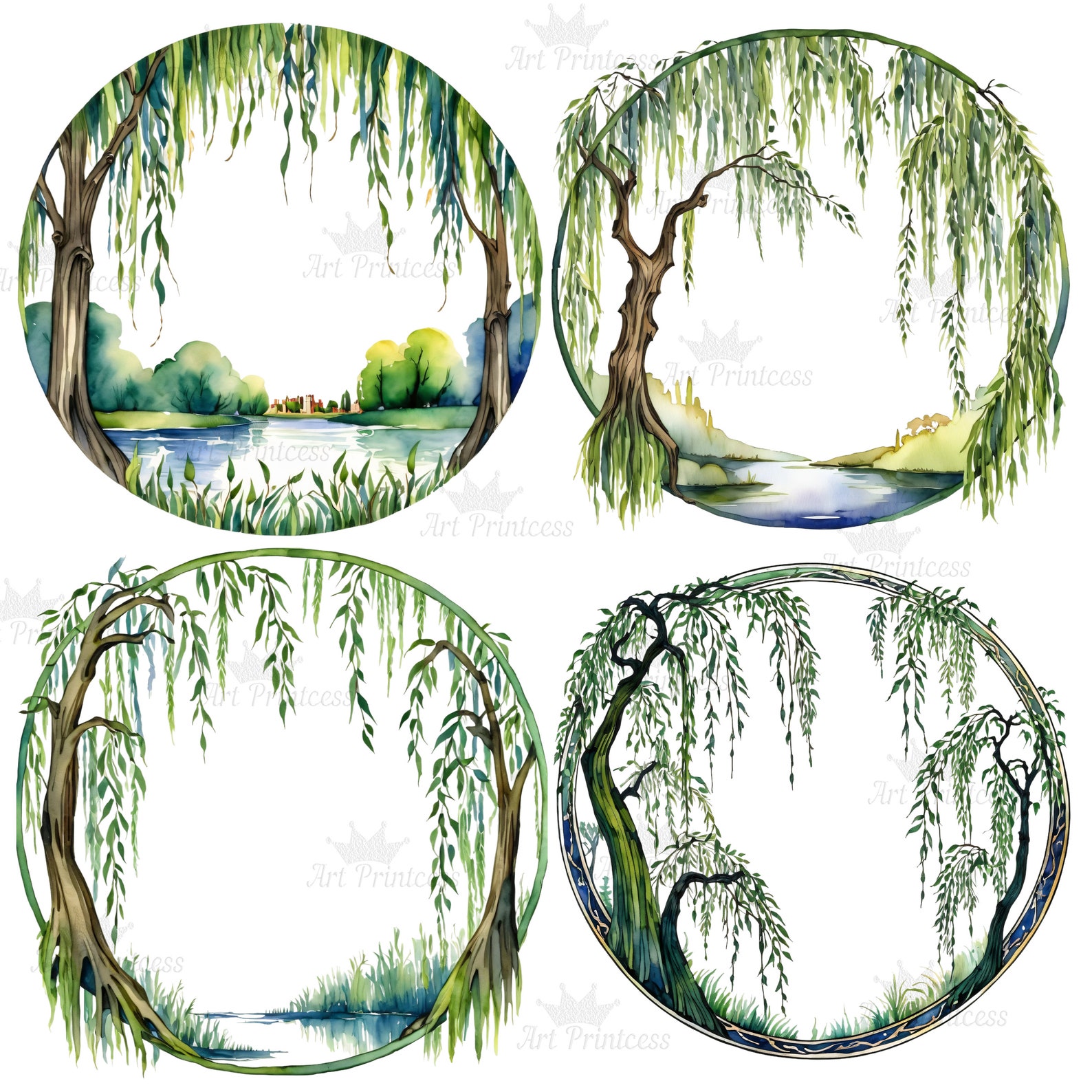 Weeping Willow Tree Border Frame Transparent Background Clipart Bundle ...
