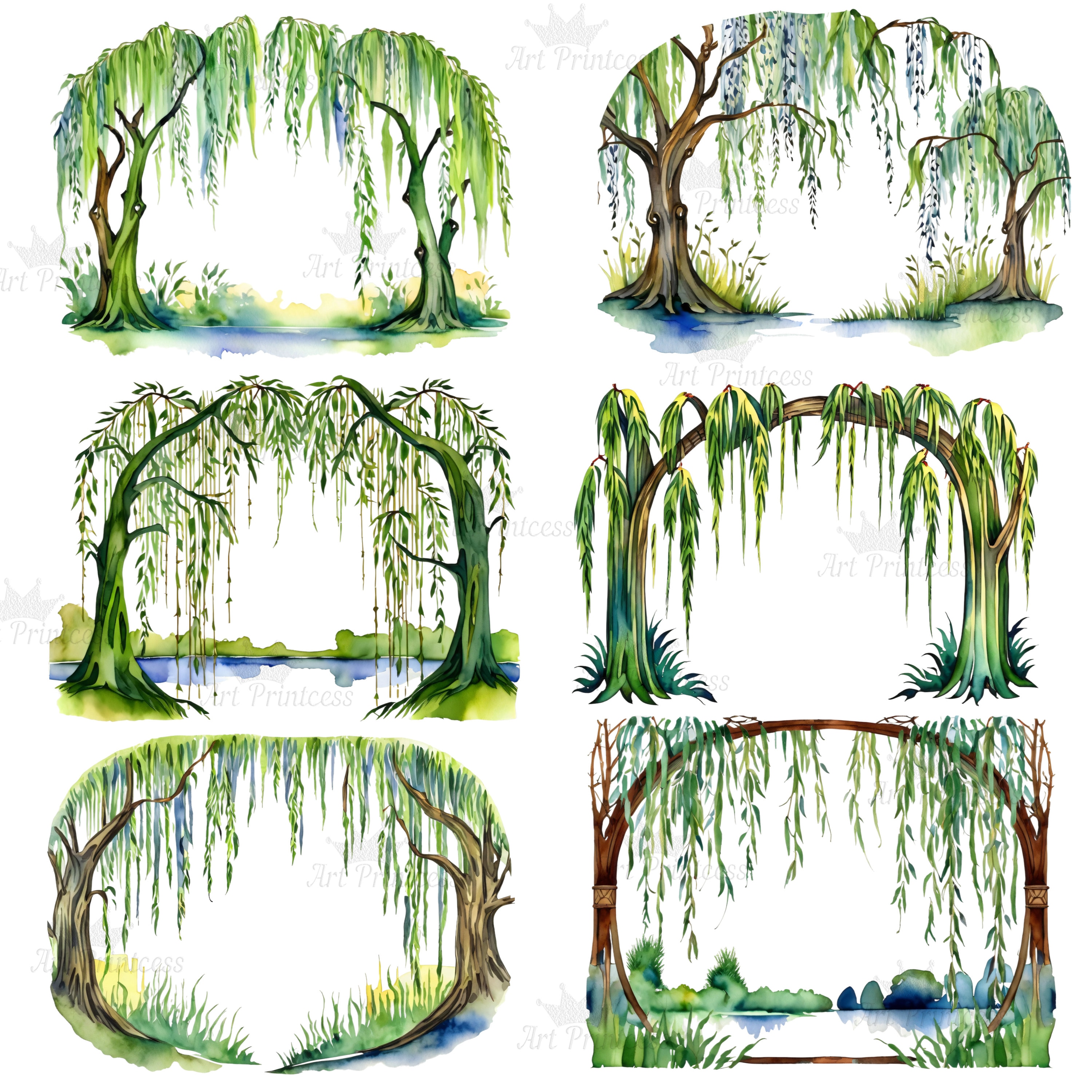 Weeping Willow Tree Border Frame Transparent Background Clipart Bundle ...