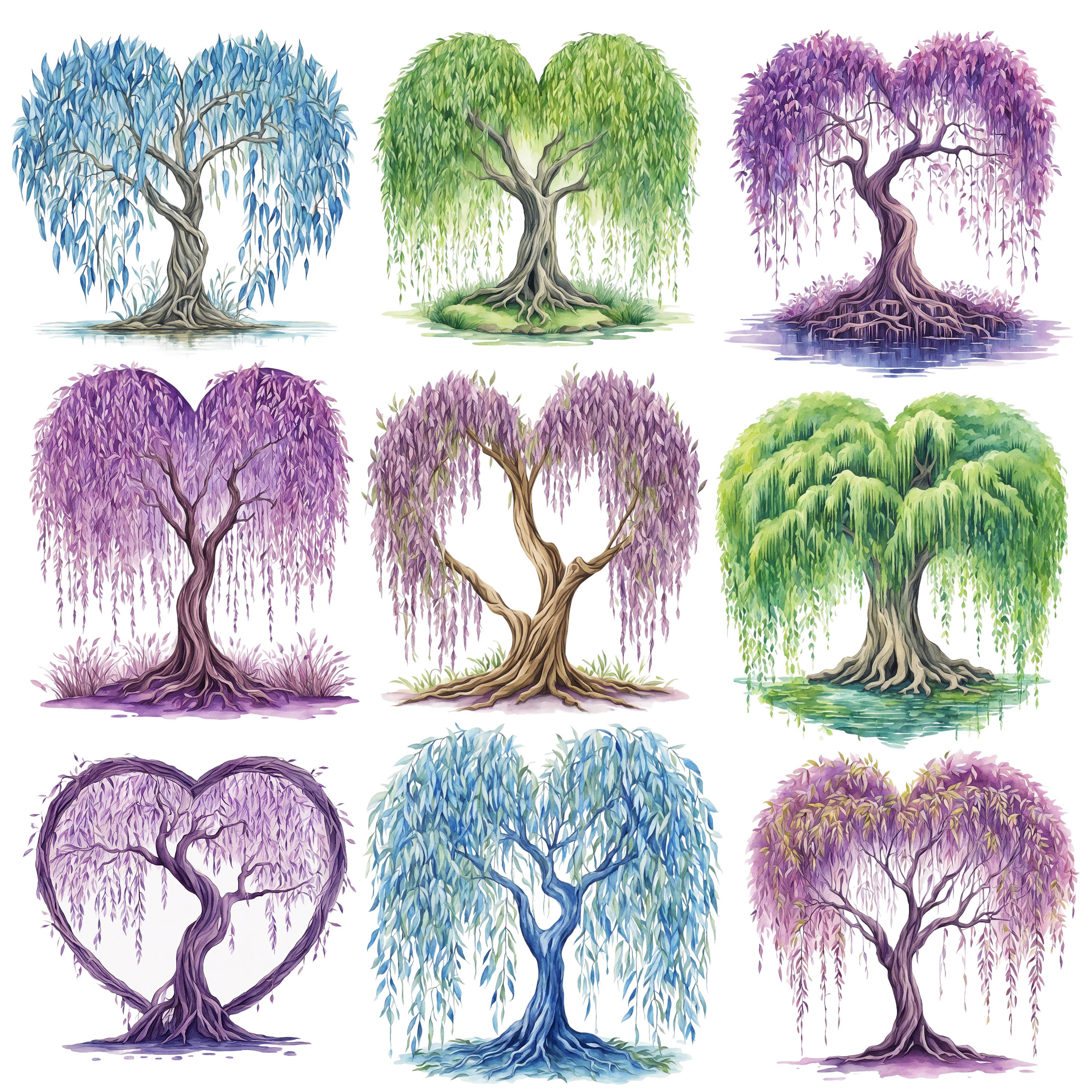 Weeping Willow Tree Heart Shaped Watercolor Clipart PNG Bundle Romantic ...