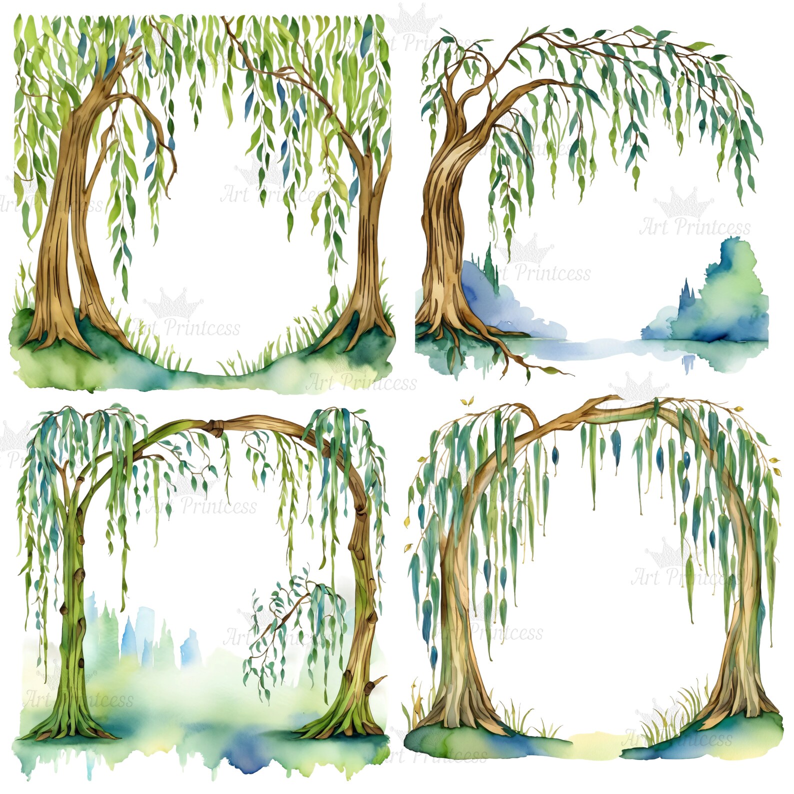Weeping Willow Tree Border Frame Transparent Background Clipart Bundle ...