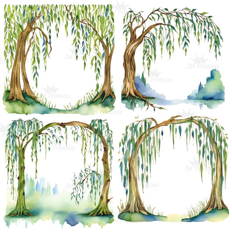 Weeping Willow Tree Border Frame Transparent Background Clipart Bundle ...