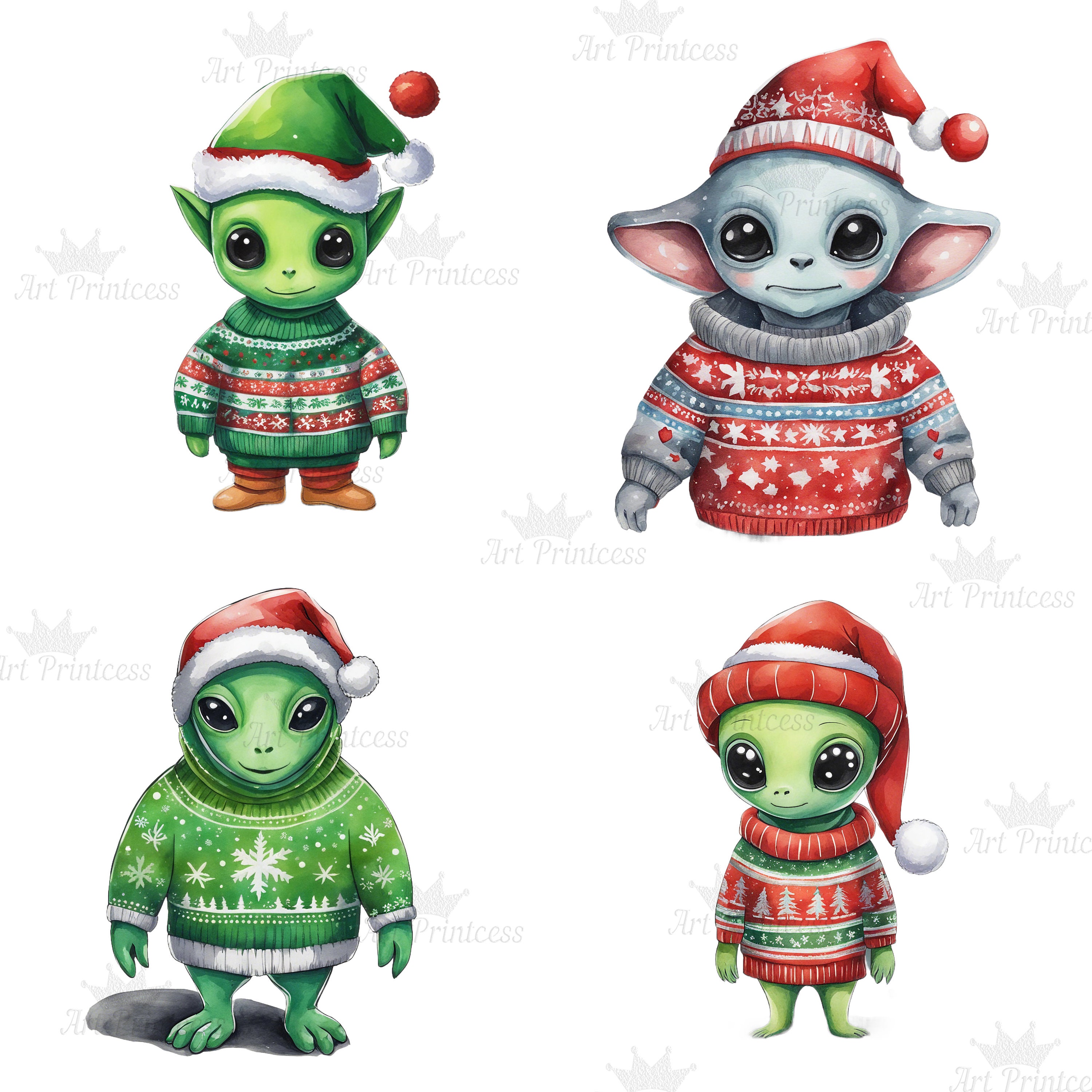 Christmas Aliens Watercolor Clipart PNG Festive Aliens Graphics Holiday ...