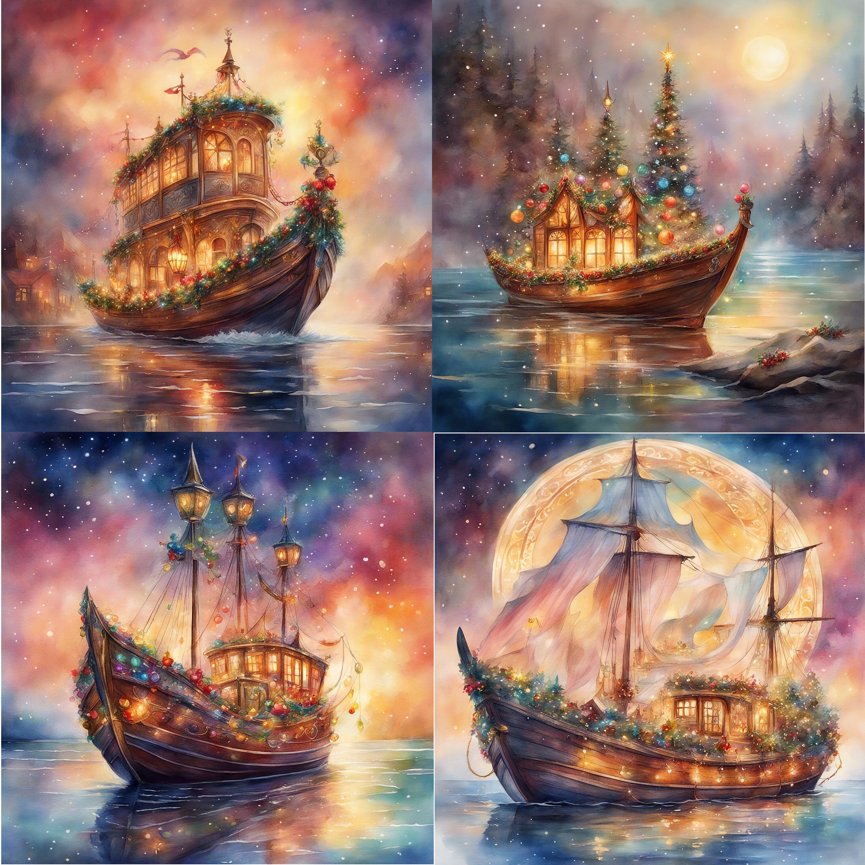 Christmas Ship Watercolor Clipart Vintage Sailboat Illustrations PNG ...