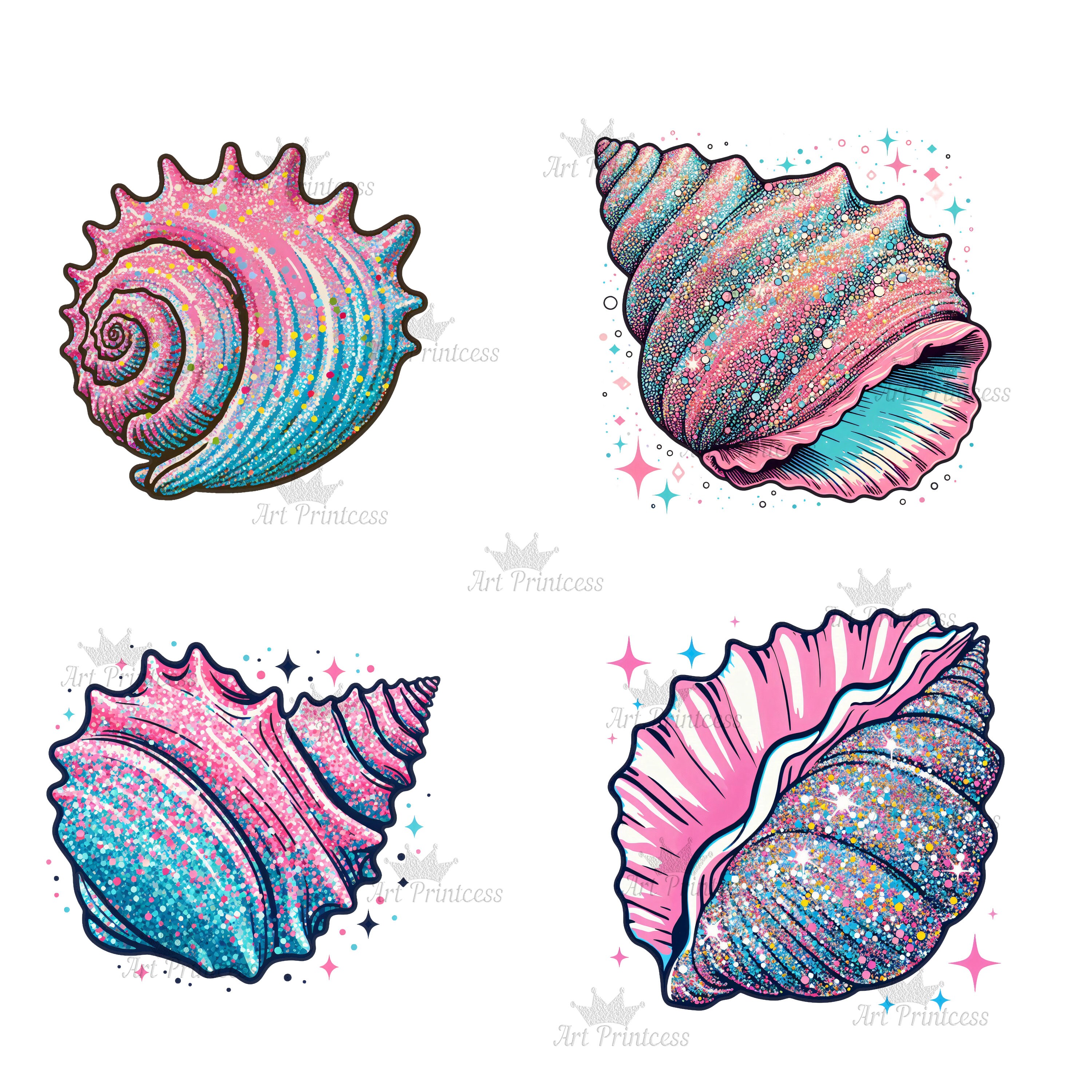 Preppy Seashell Watercolor Clipart PNG Pastel Tropical Glitter Seashell ...