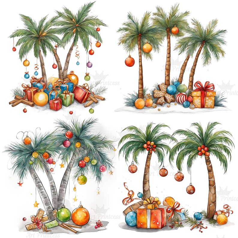Tropical Christmas Watercolor Palm Tree Clipart PNG Palm Tree Beach ...