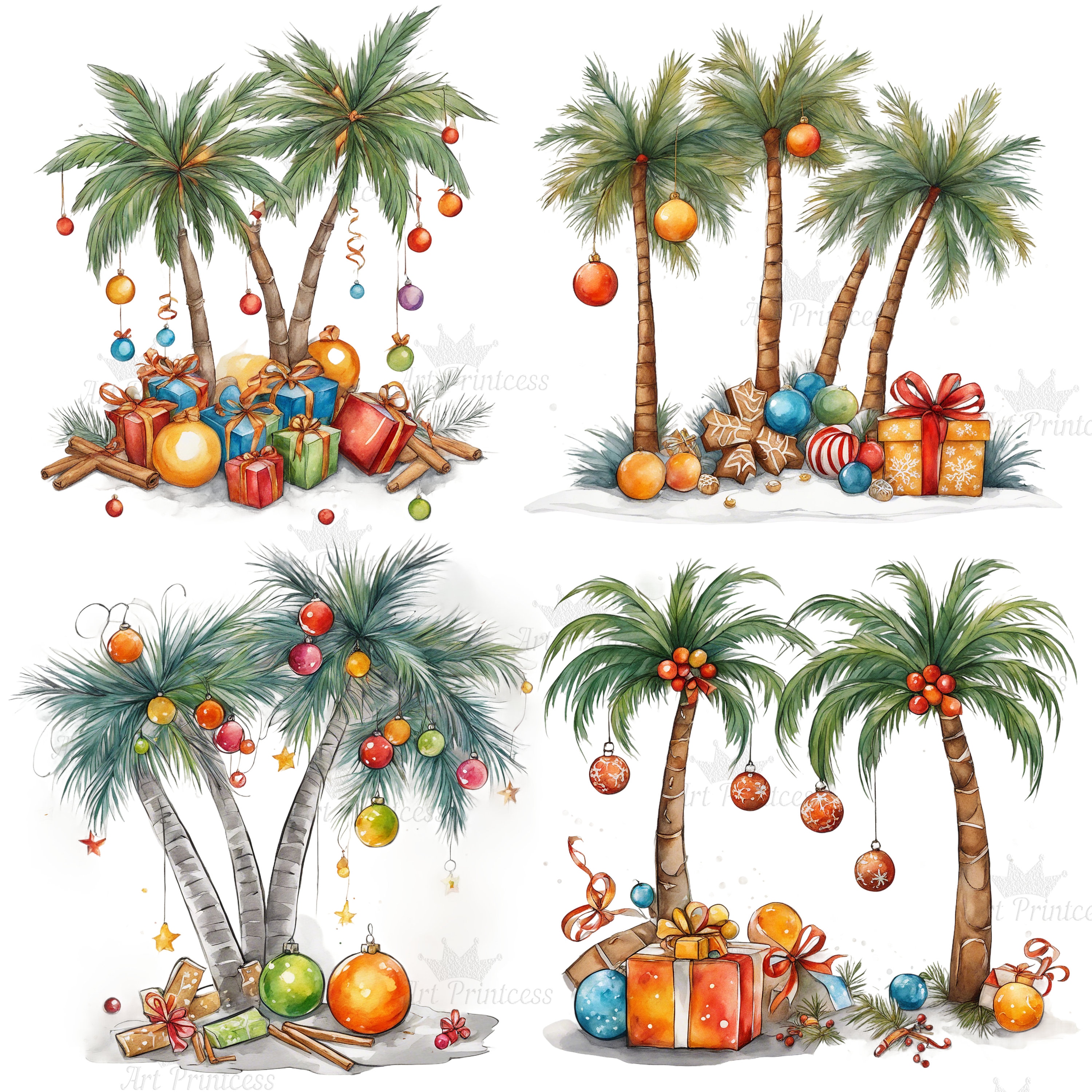 Tropical Christmas Watercolor Palm Tree Clipart PNG Palm Tree Beach ...