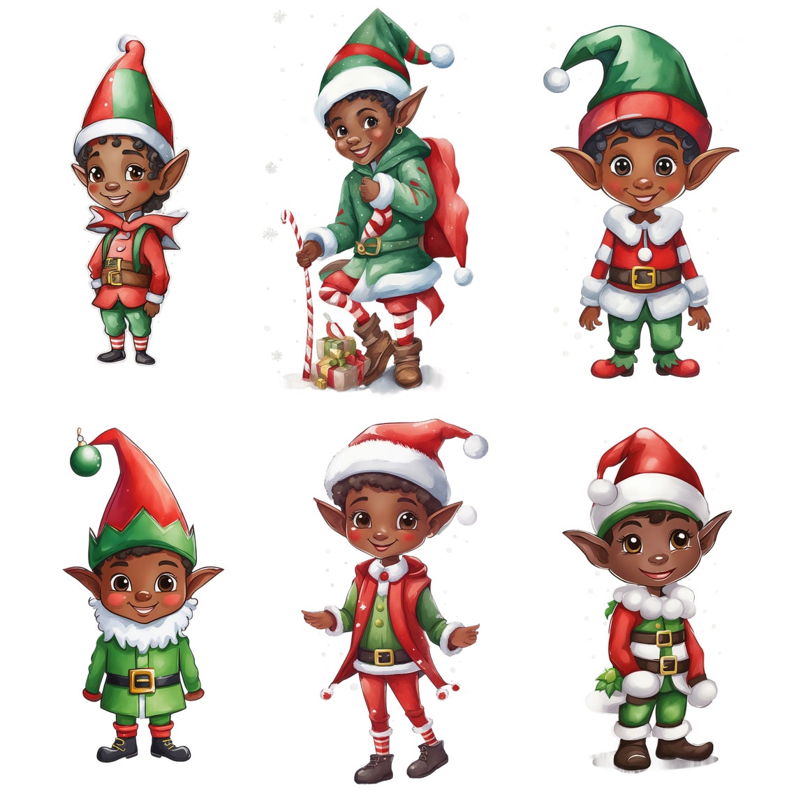 Afro American Elf Clipart PNG Dark Skin Christmas Elves Digital ...