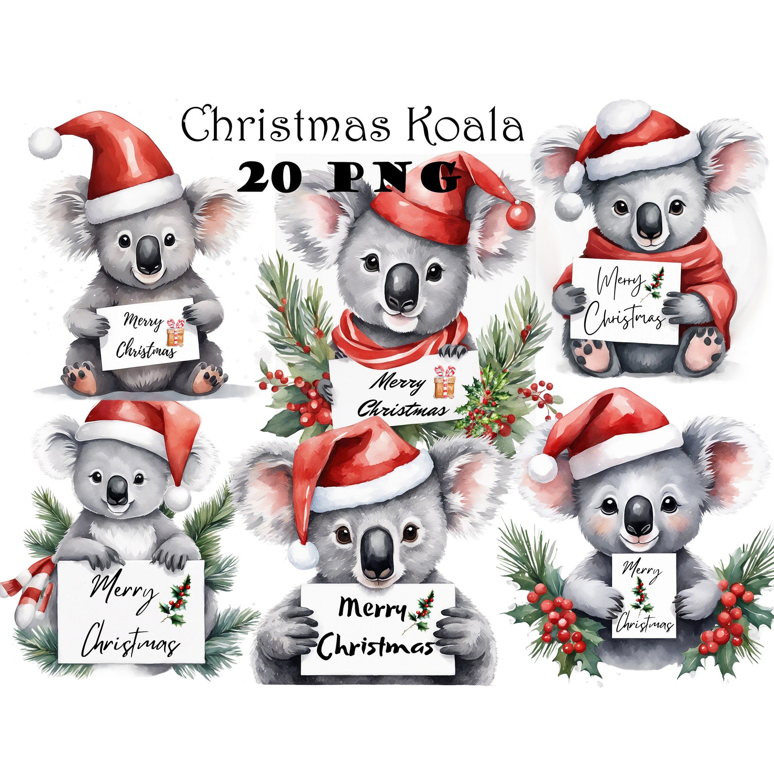 Christmas Koala Watercolor Clipart PNG Festive Koala Bear Graphics ...