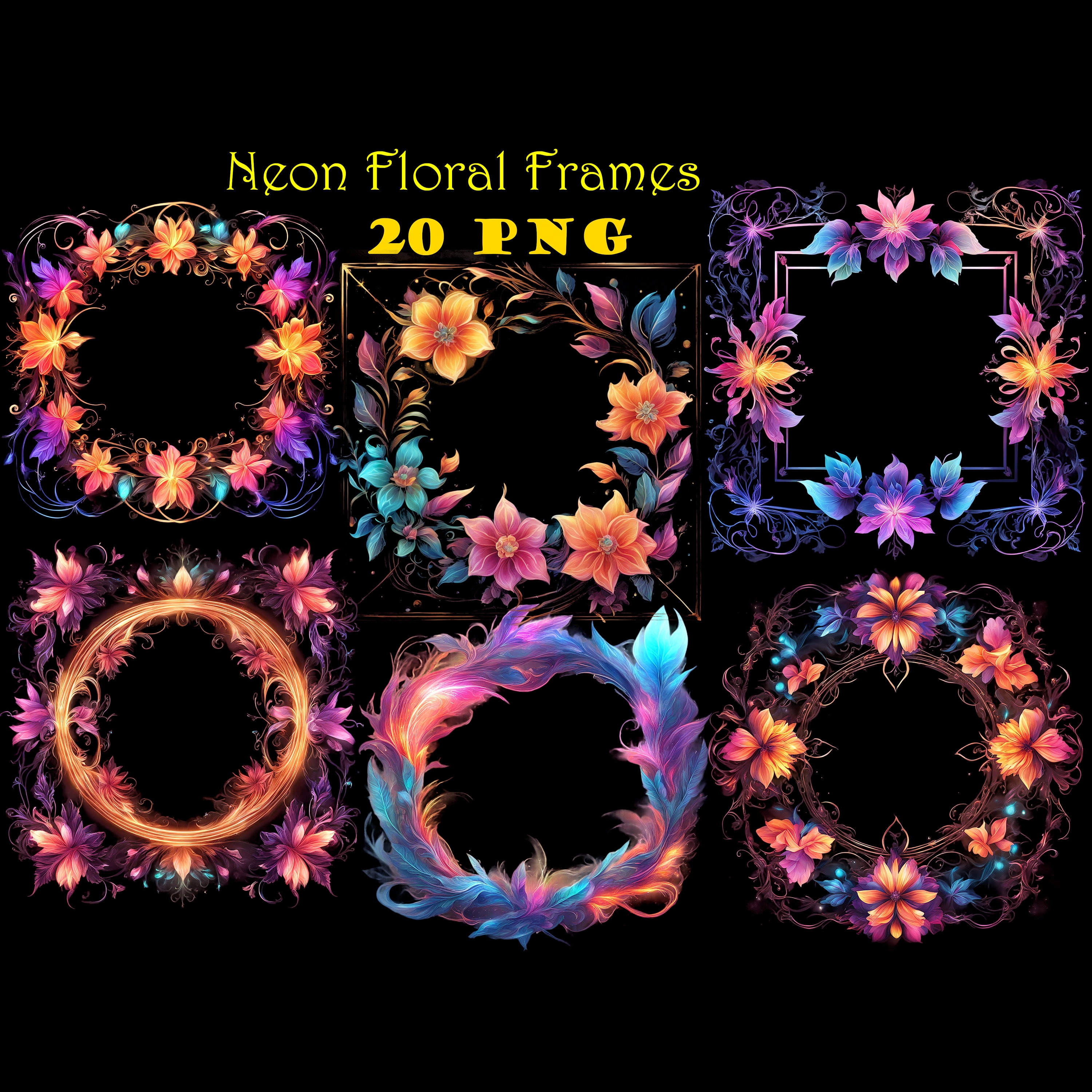 Neon Floral Frames Clipart PNG Neon Elements Clipart Glowing Neon ...