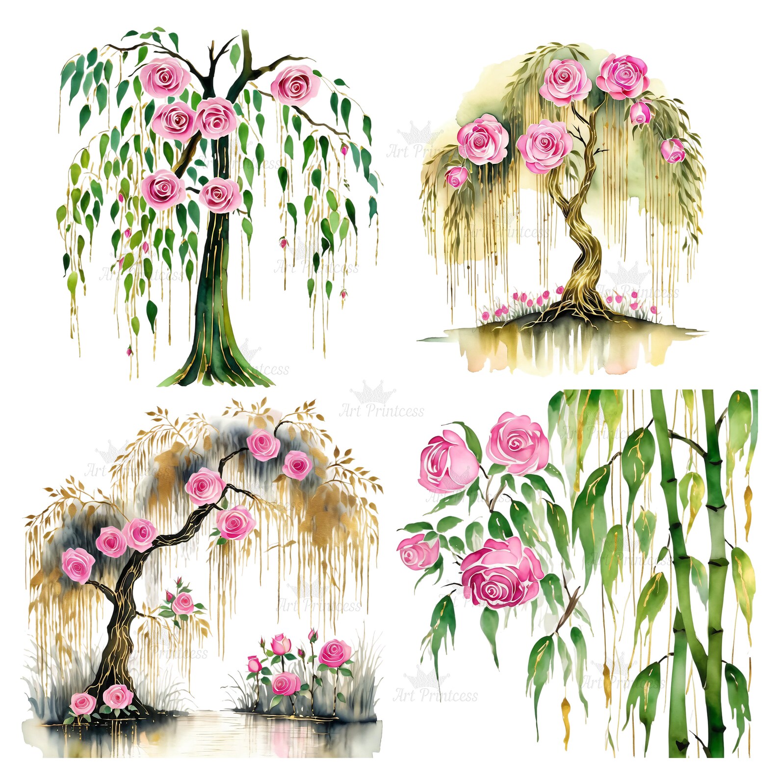 Pink Watercolor Weeping Willow Tree Clipart Transparent Background ...