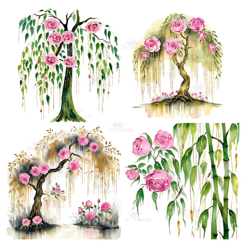 Pink Watercolor Weeping Willow Tree Clipart Transparent Background ...
