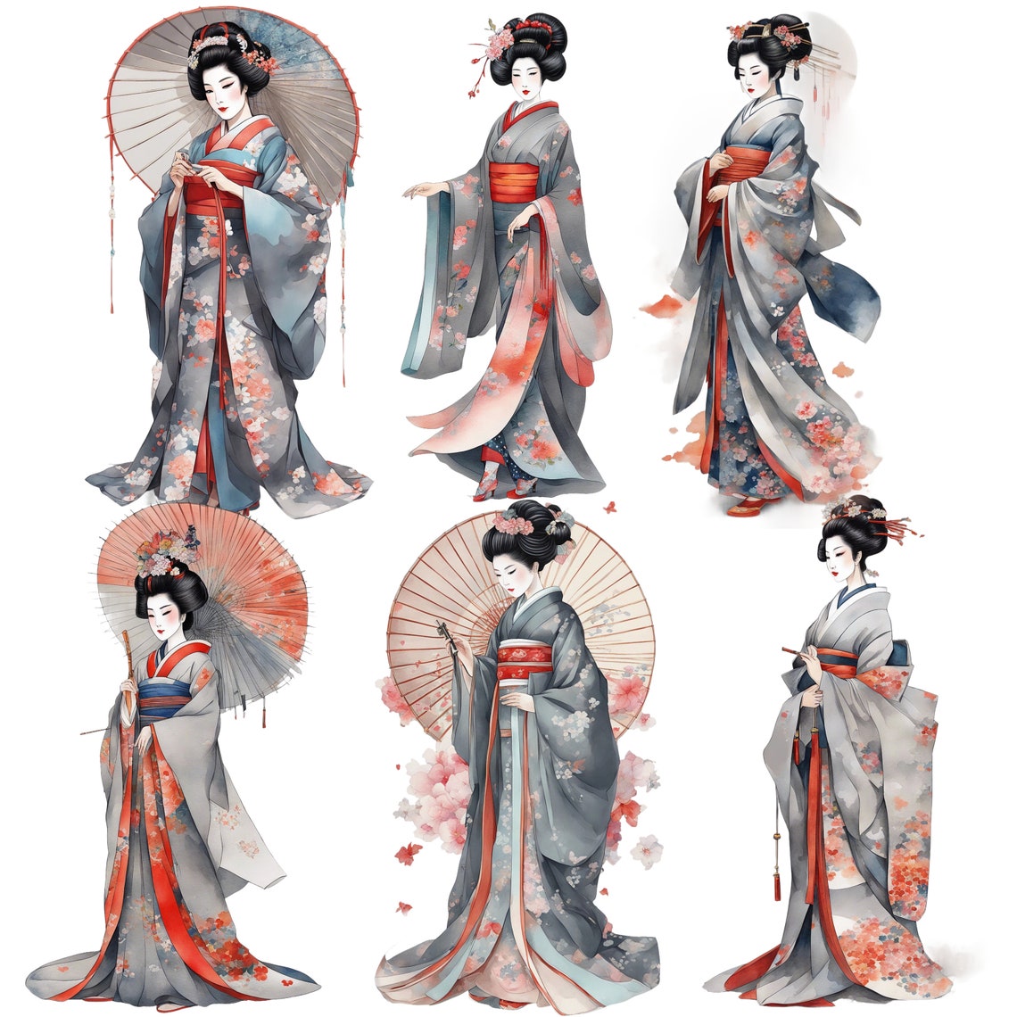 50 Geisha Watercolor Clipart PNG Traditional Japanese Geisha - Etsy