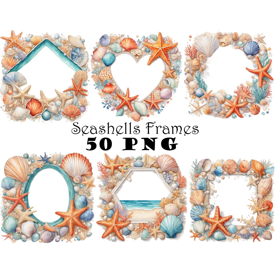 Coastal Seashells 50 Watercolor Border Frames PNG Watercolor Tropical ...