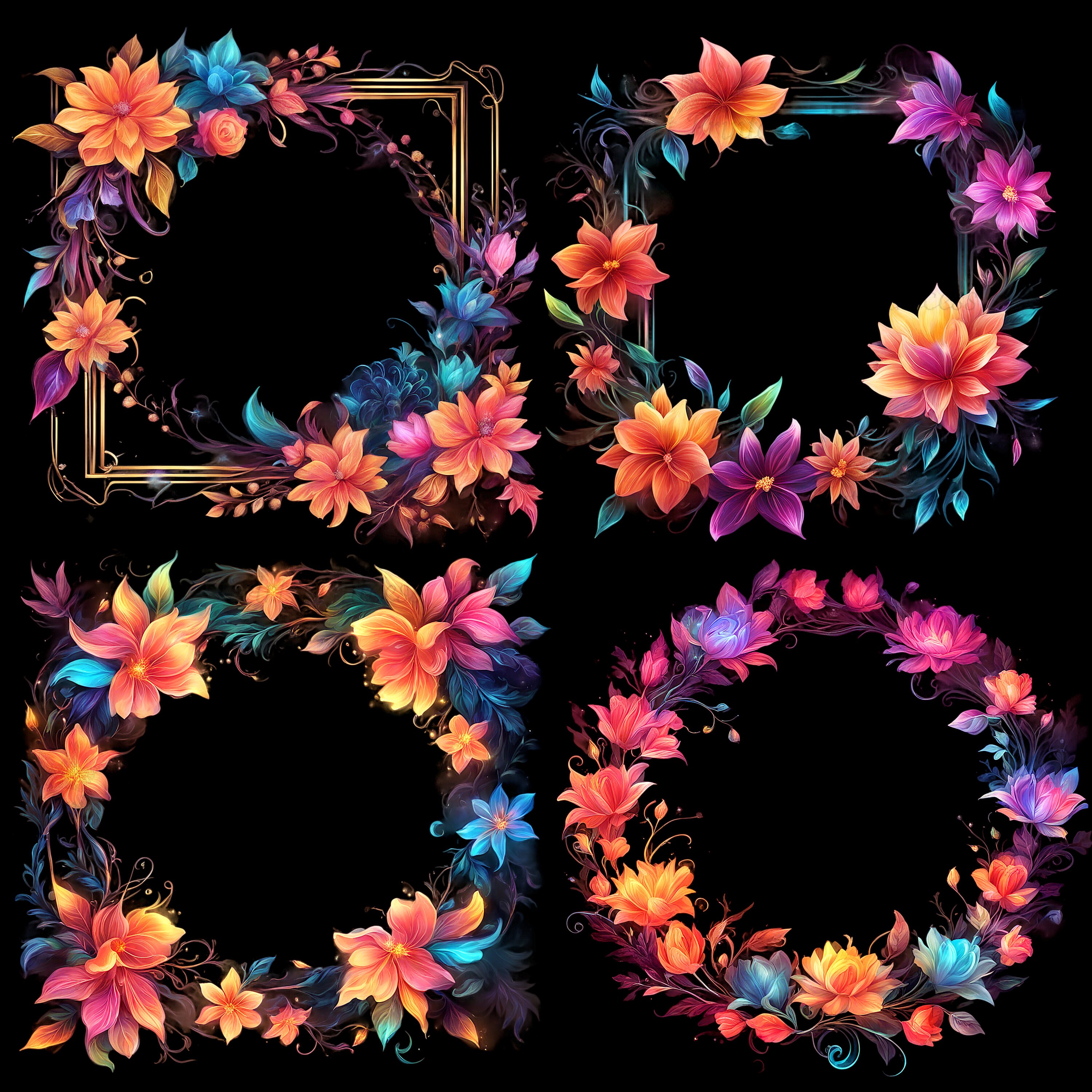 Neon Floral Frames Clipart PNG Neon Elements Clipart Glowing Neon ...