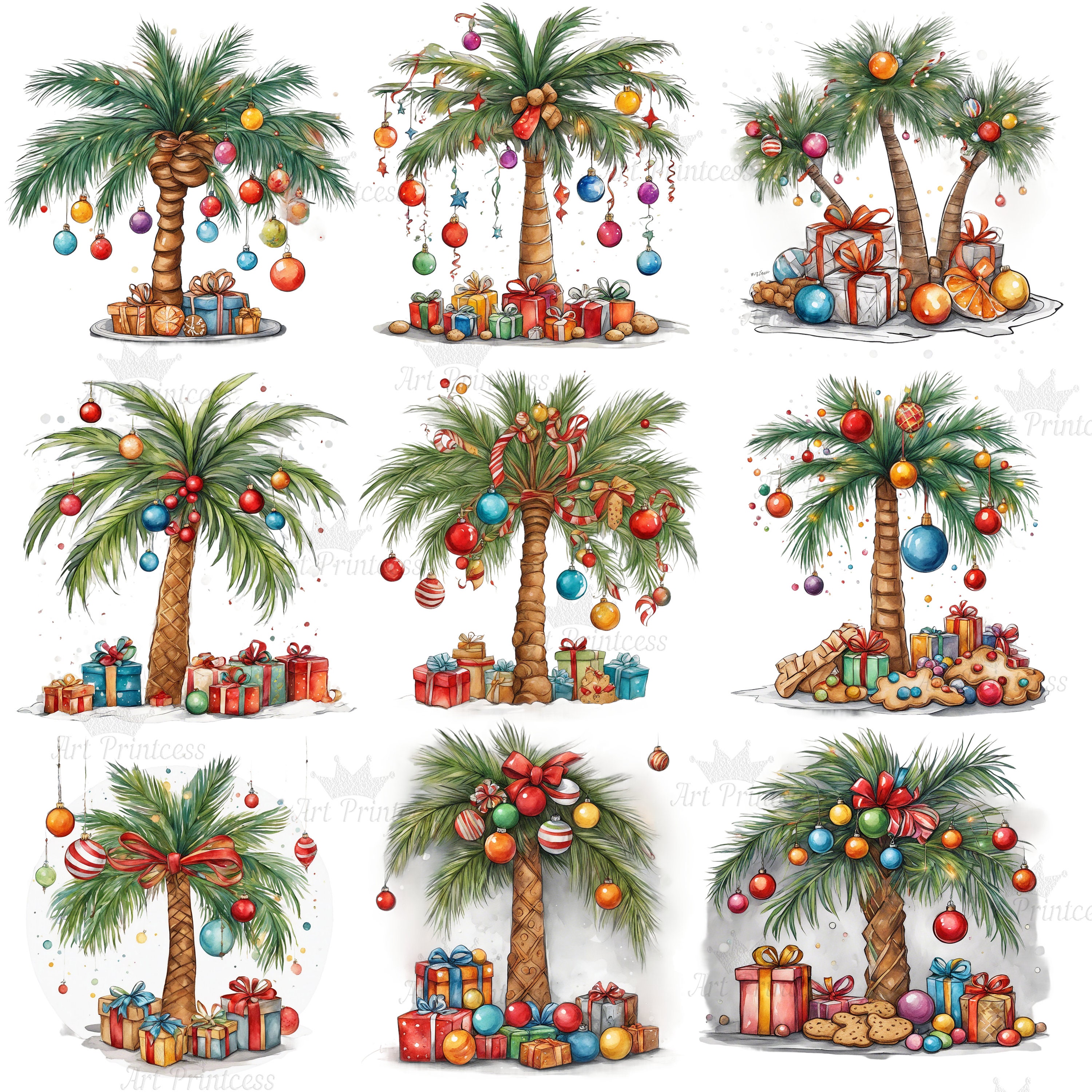 Tropical Christmas Watercolor Palm Tree Clipart PNG Palm Tree Beach ...