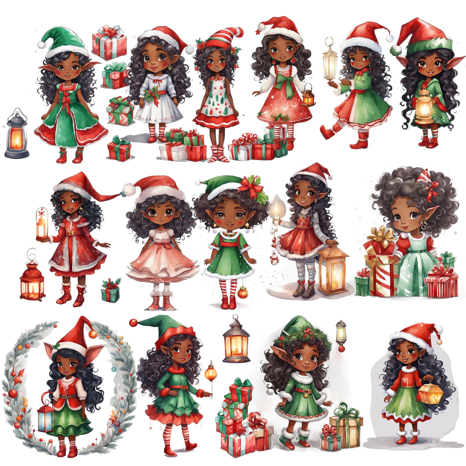 Afro American Elf Clipart PNG Dark Skin Christmas Elves Digital ...