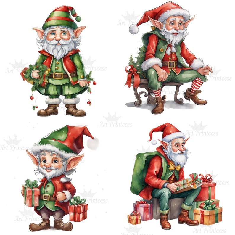 Old Christmas Elves Clipart PNG Watercolor Christmas Elfs PNG Old ...
