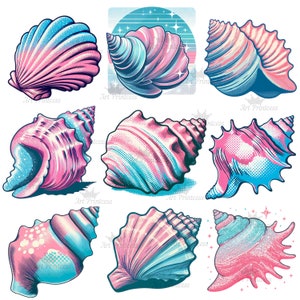 Preppy Seashell Watercolor Clipart PNG Pastel Tropical Glitter Seashell ...