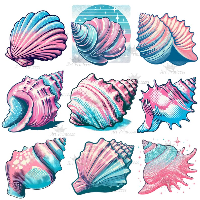 Preppy Seashell Watercolor Clipart PNG Pastel Tropical Glitter Seashell ...