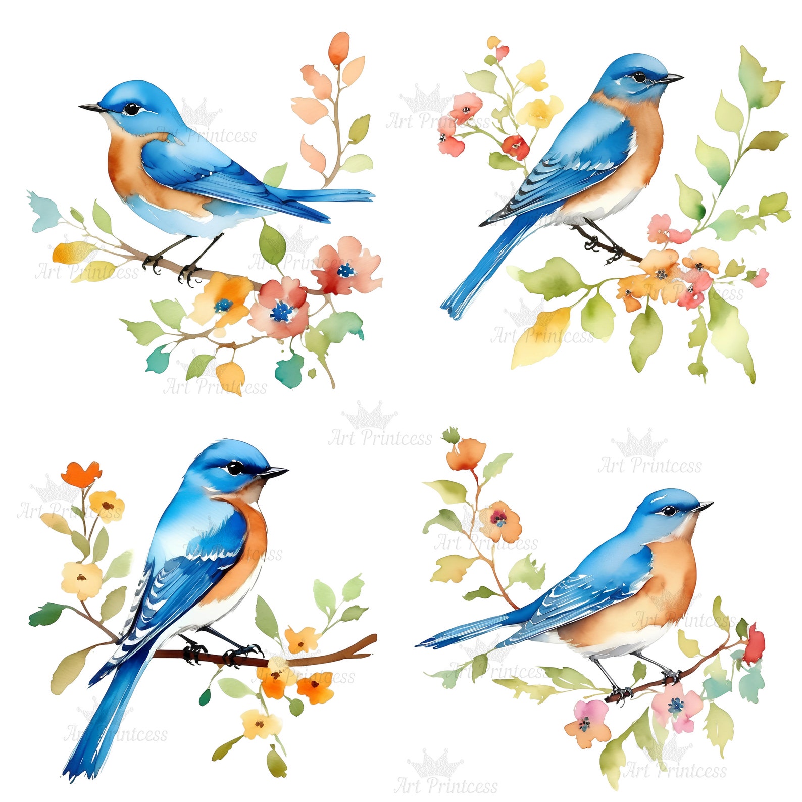 Bluebird Watercolor Gouache Clipart 40 PNG Digital Download Bundle Free ...