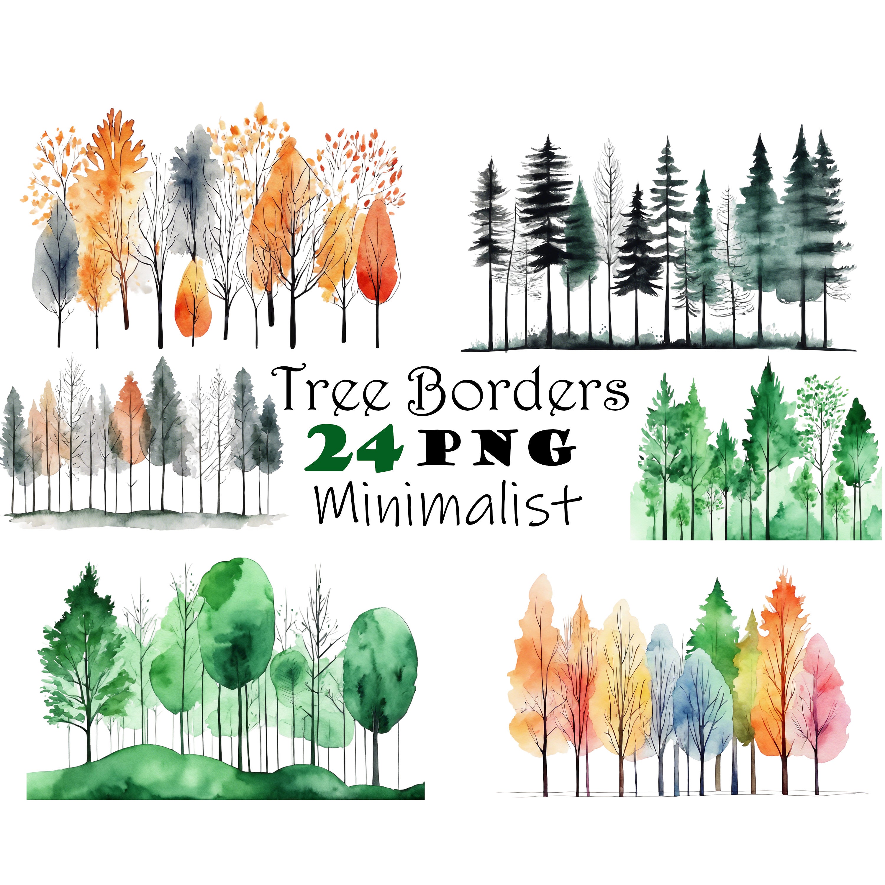Minimalist Watercolor Tree Borders Clipart PNG Forest Trees Overlays ...