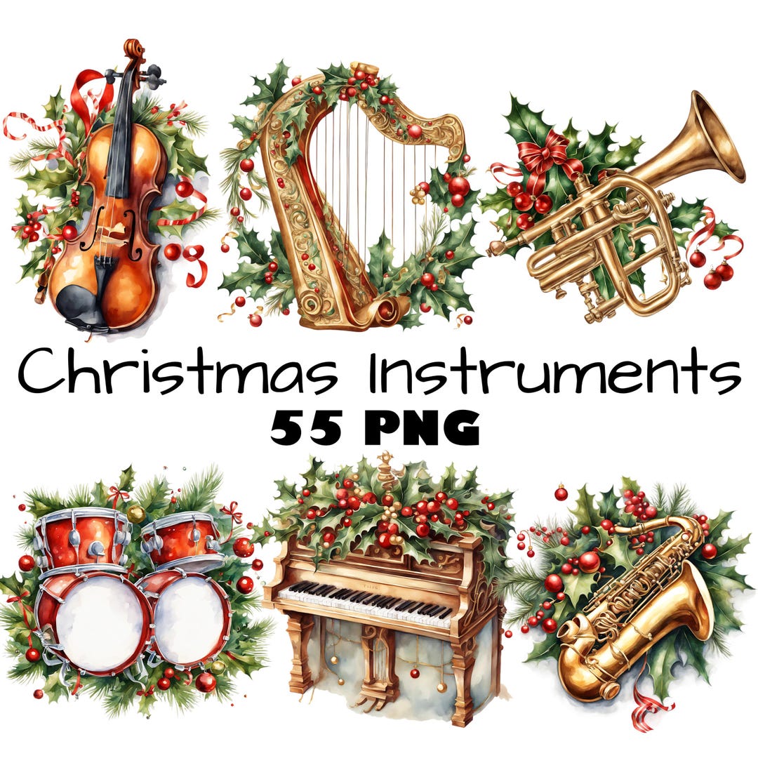 Christmas Musical Orchestra Instruments Watercolor Clipart PNG Festive ...