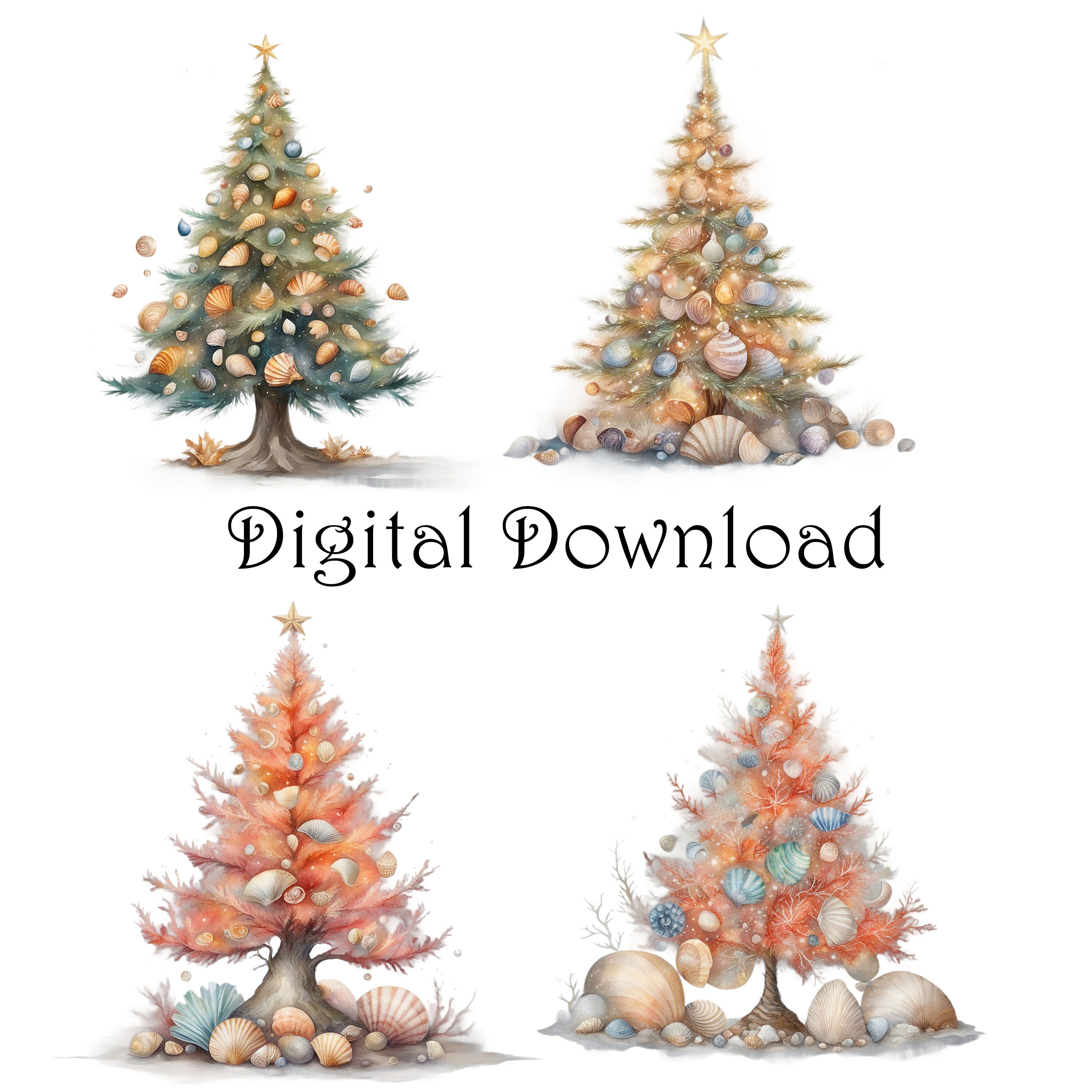 Coastal Christmas Tree Watercolor Clipart PNG Beach Christmas Tree ...