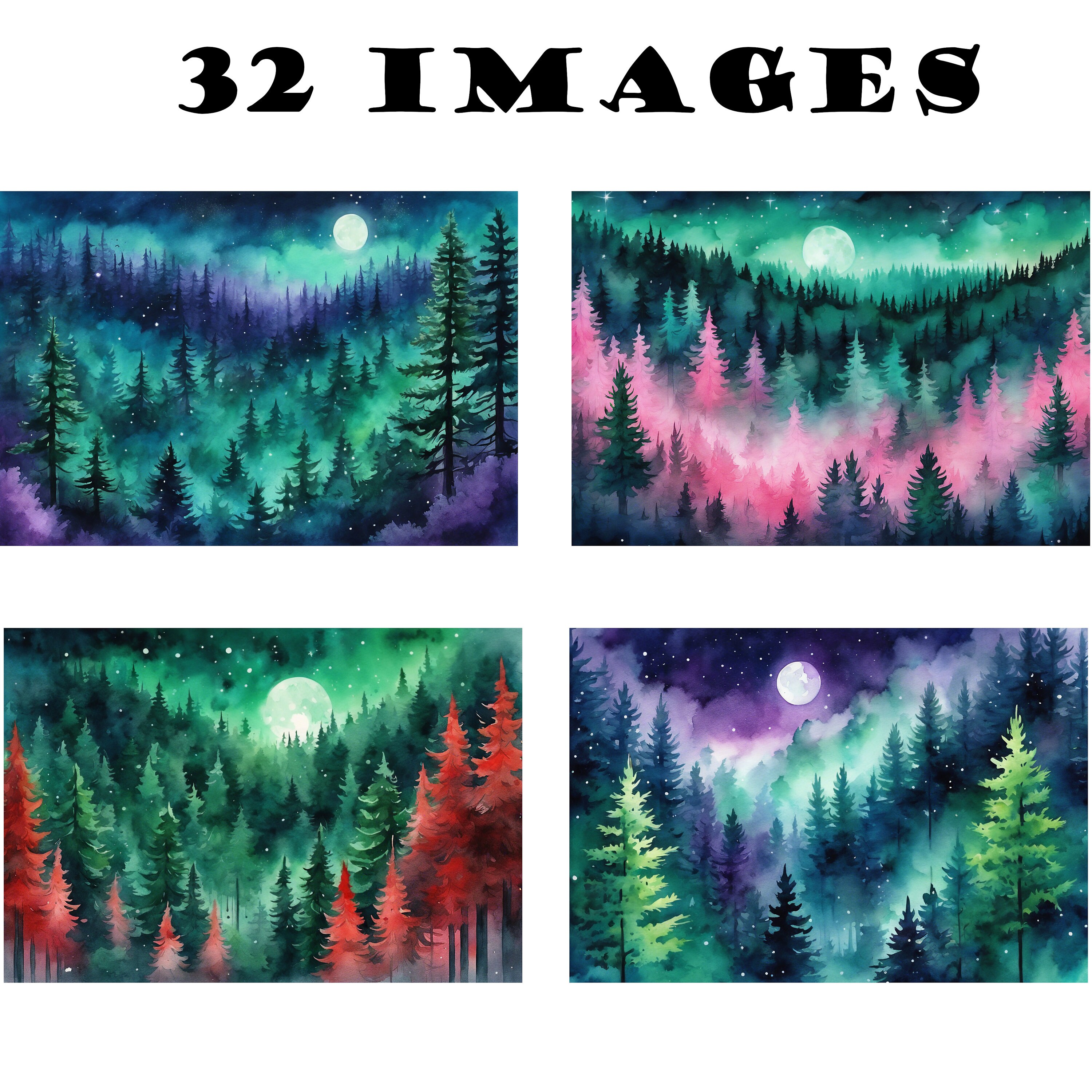 Forest at Night Watercolor Clipart Forest at Moonlight Whimsical ...