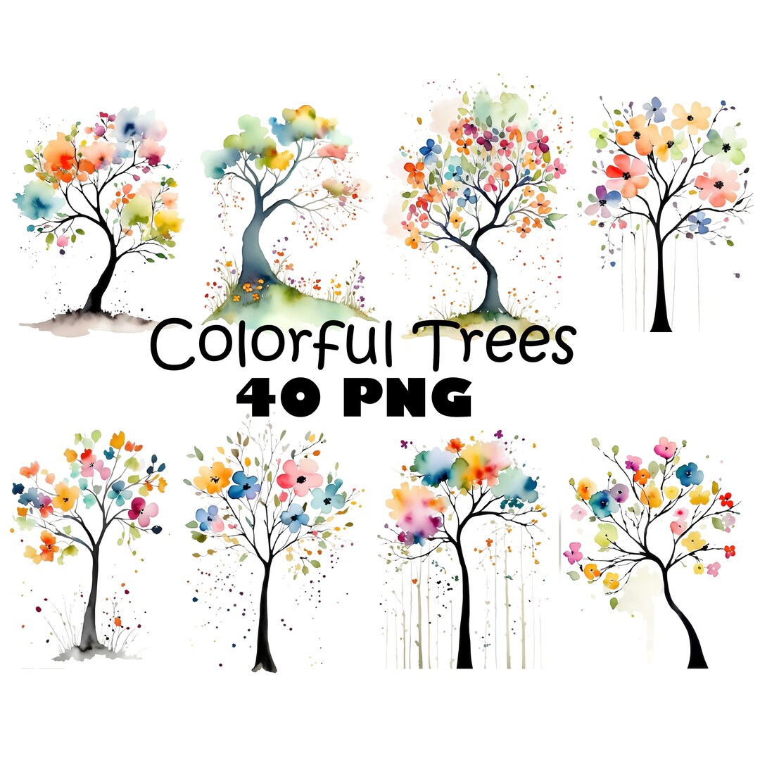 Watercolor Tree Clipart 40 Colorful Tree Pngs Abstract Floral Tree ...