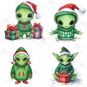 Christmas Aliens Watercolor Clipart PNG Festive Aliens Graphics Holiday ...