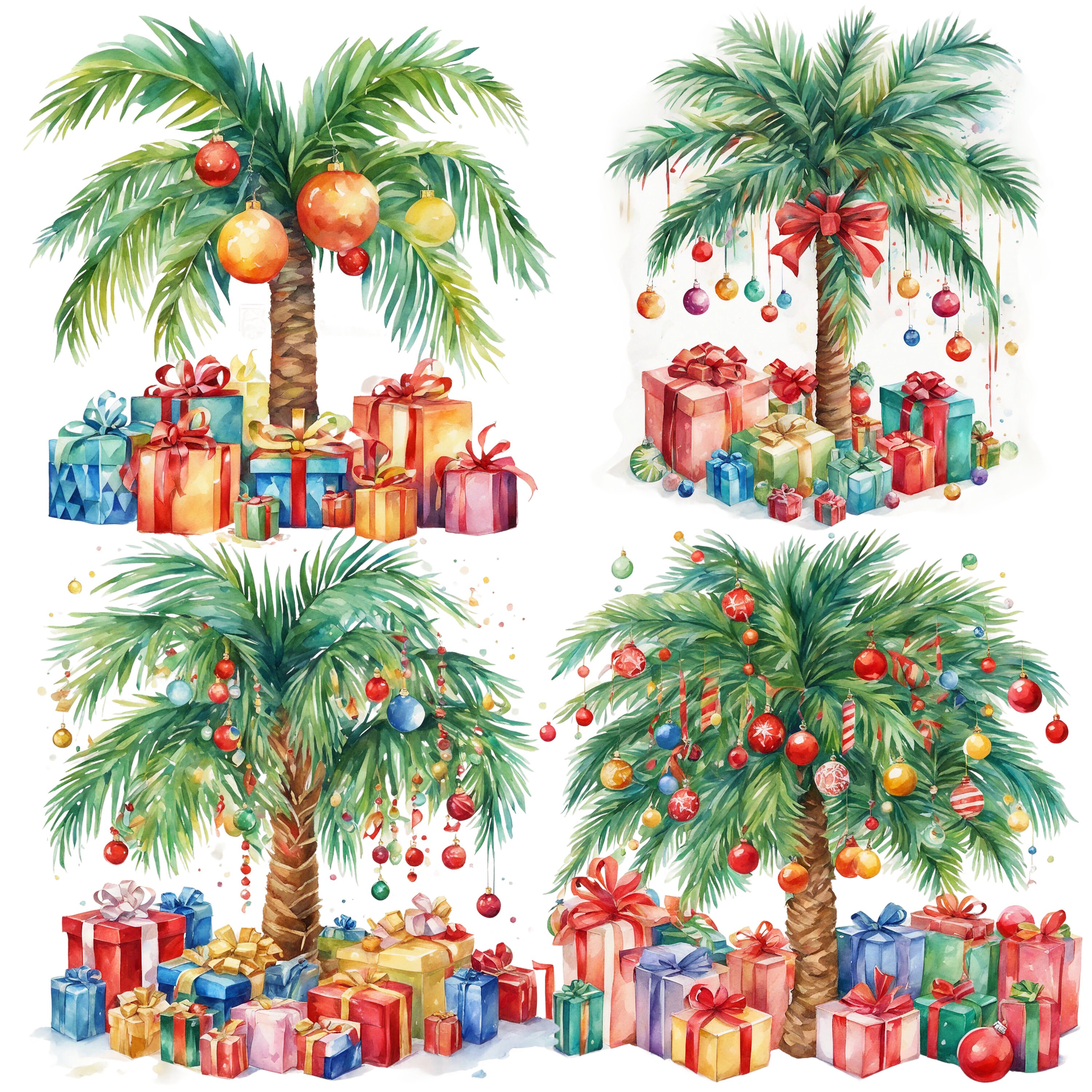 Tropical Christmas Watercolor Palm Tree Clipart PNG Palm Tree Beach ...
