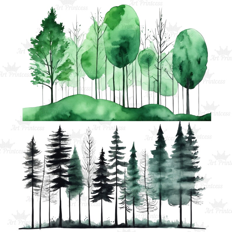 Minimalist Watercolor Tree Borders Clipart PNG Forest Trees Overlays ...