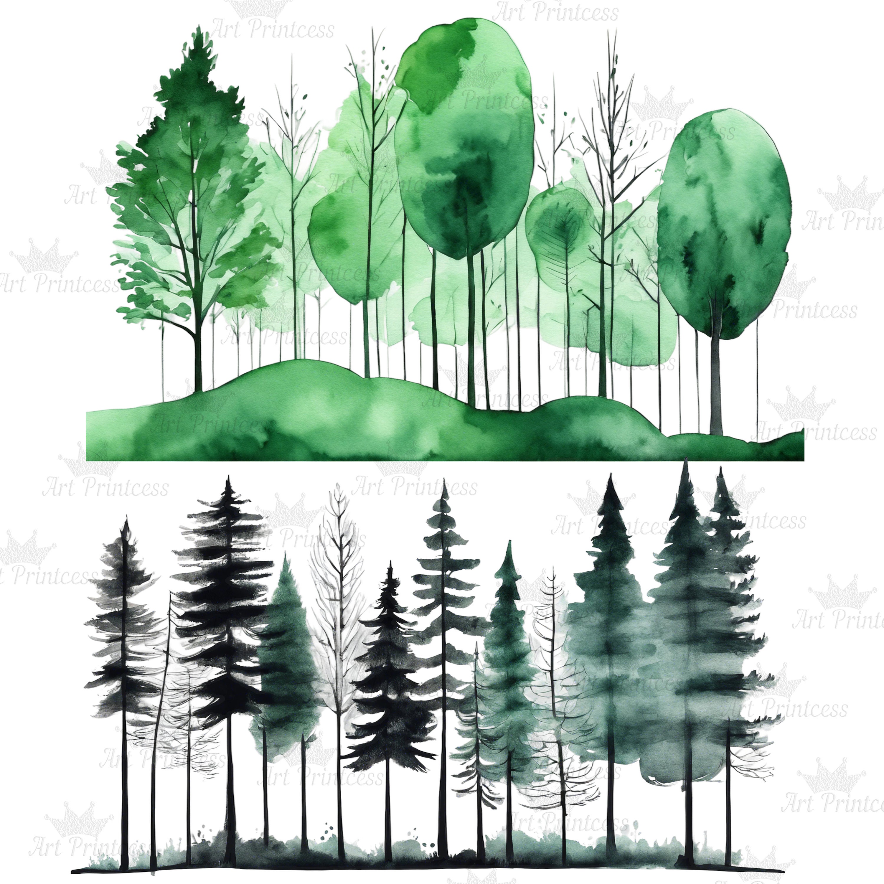 Minimalist Watercolor Tree Borders Clipart PNG Forest Trees Overlays ...
