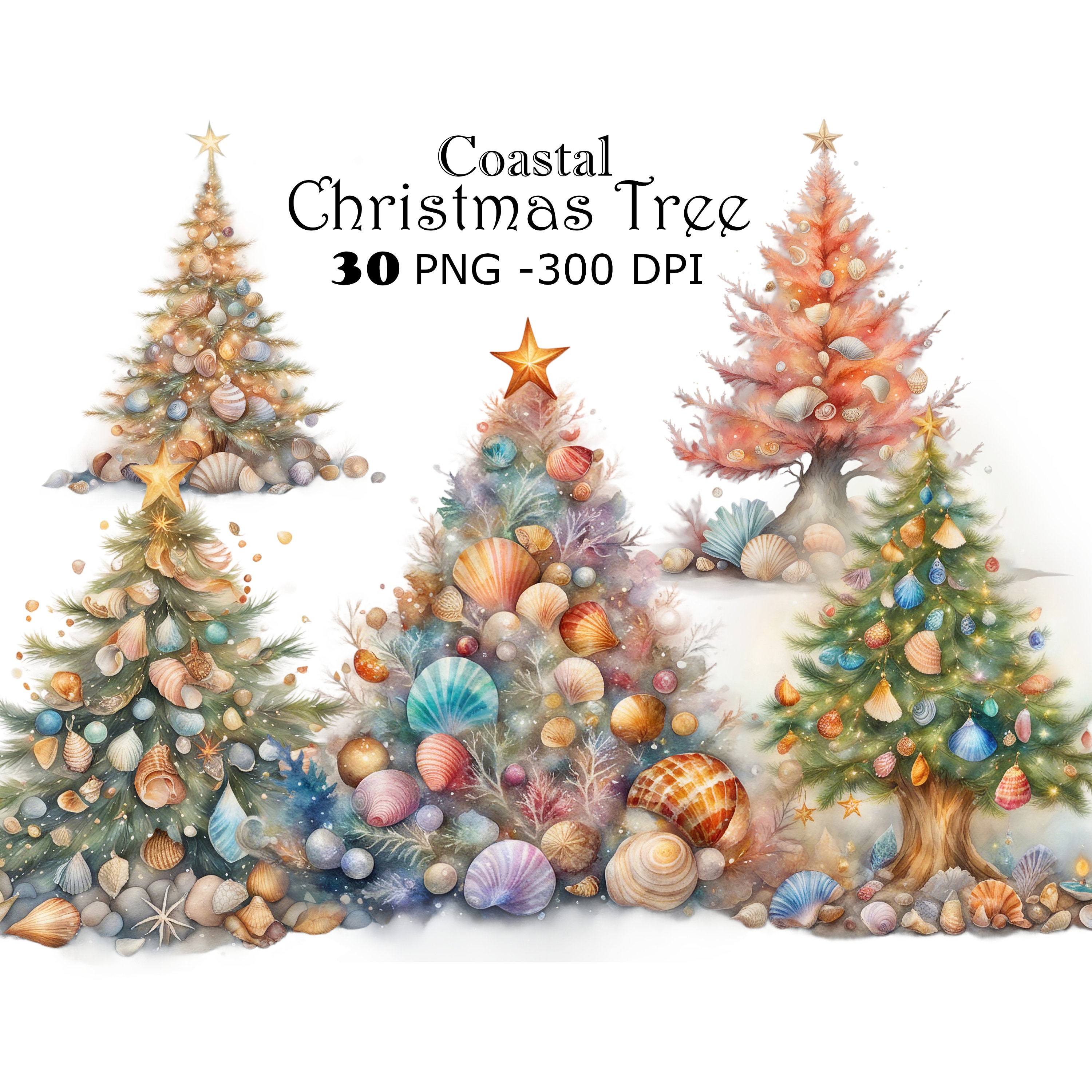 Coastal Christmas Tree Watercolor Clipart PNG Beach Christmas Tree ...