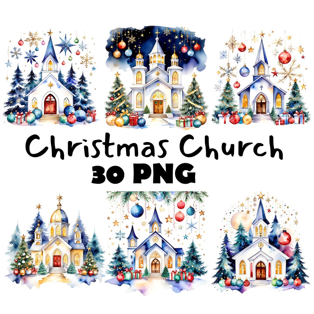 Christmas Church Watercolor Clipart PNG Digital Download Festive Church ...