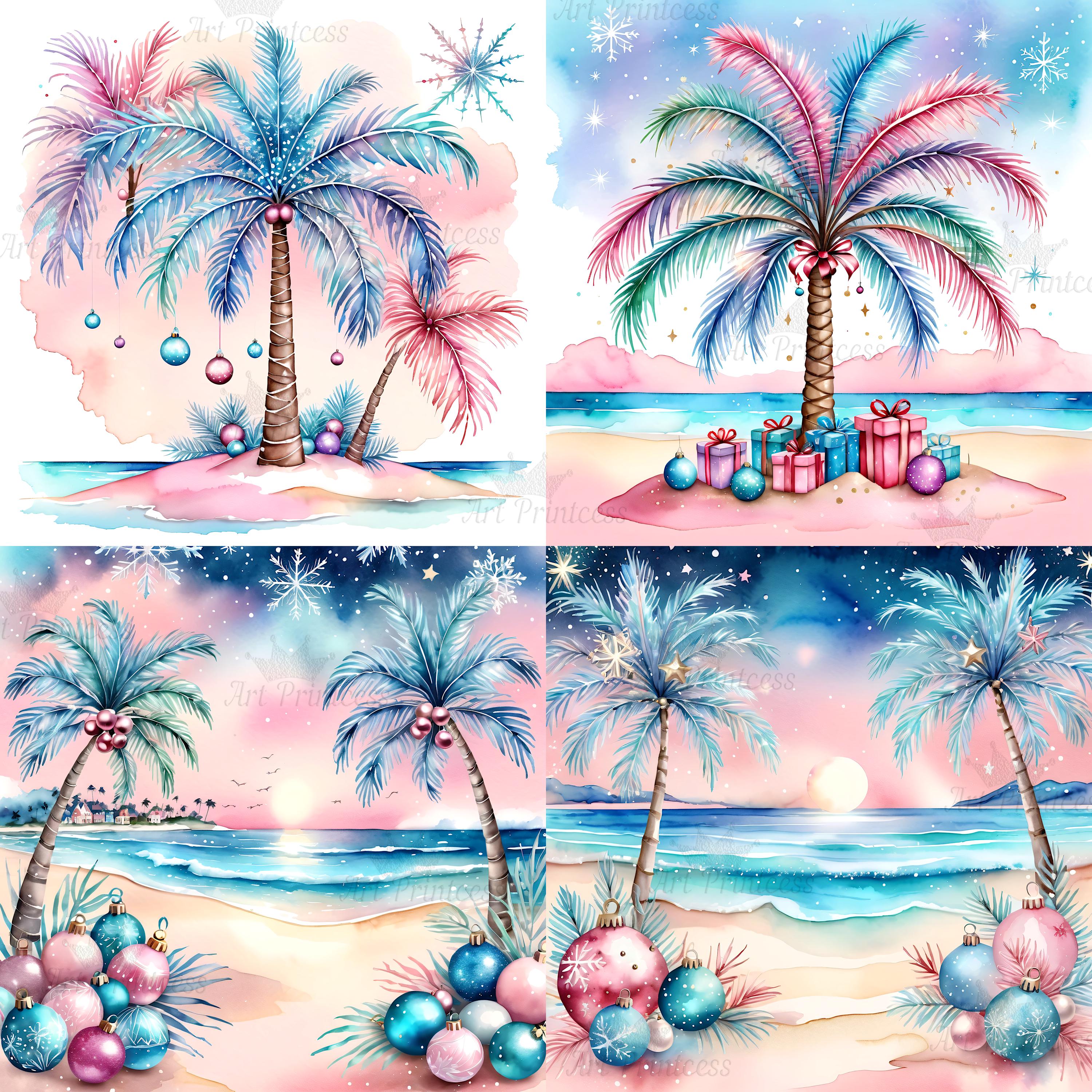 Preppy Tropical Christmas Beach Watercolor Clipart PNG Digital Download ...