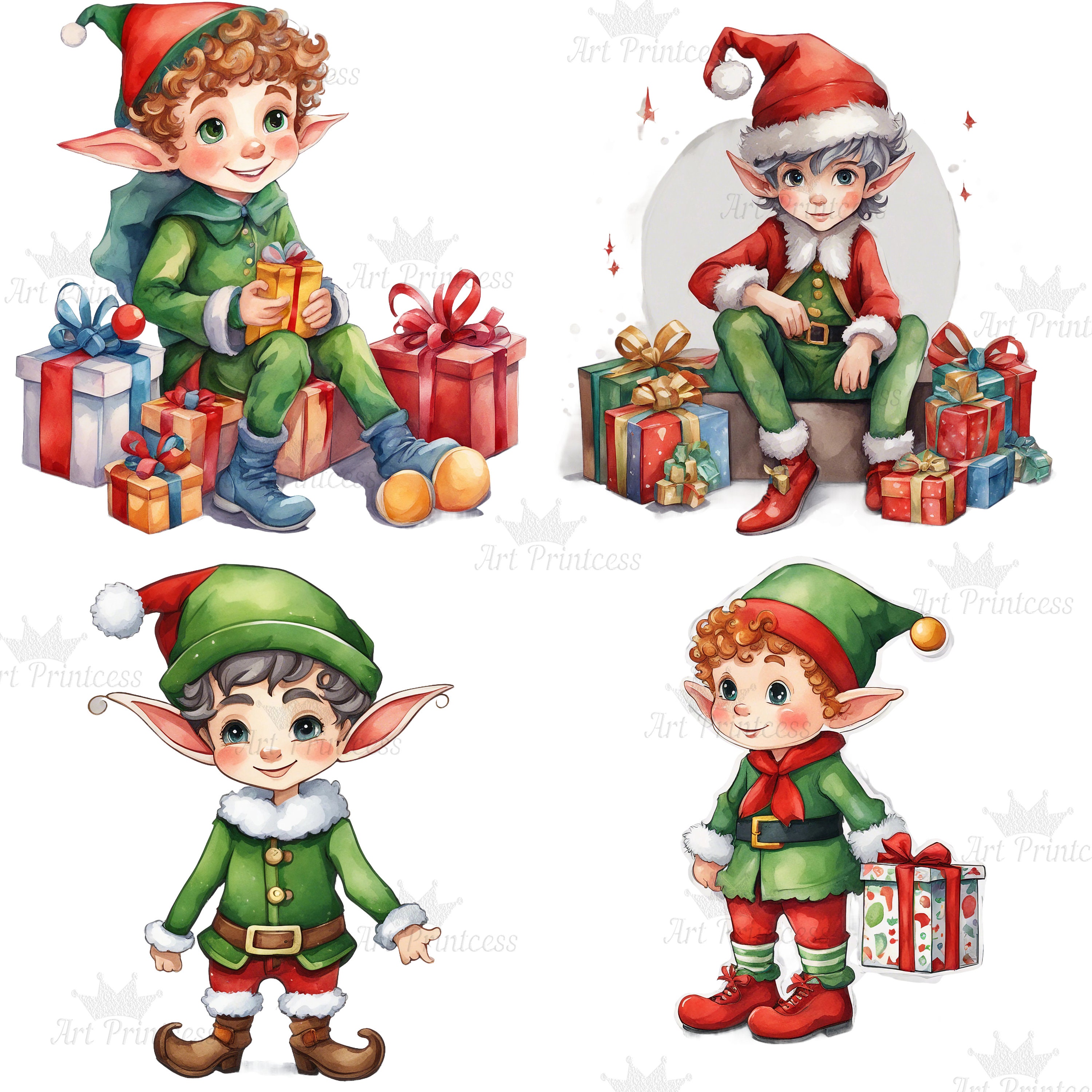 Christmas Elf Boys Clipart PNG Watercolor Christmas Elves Boys Graphics ...