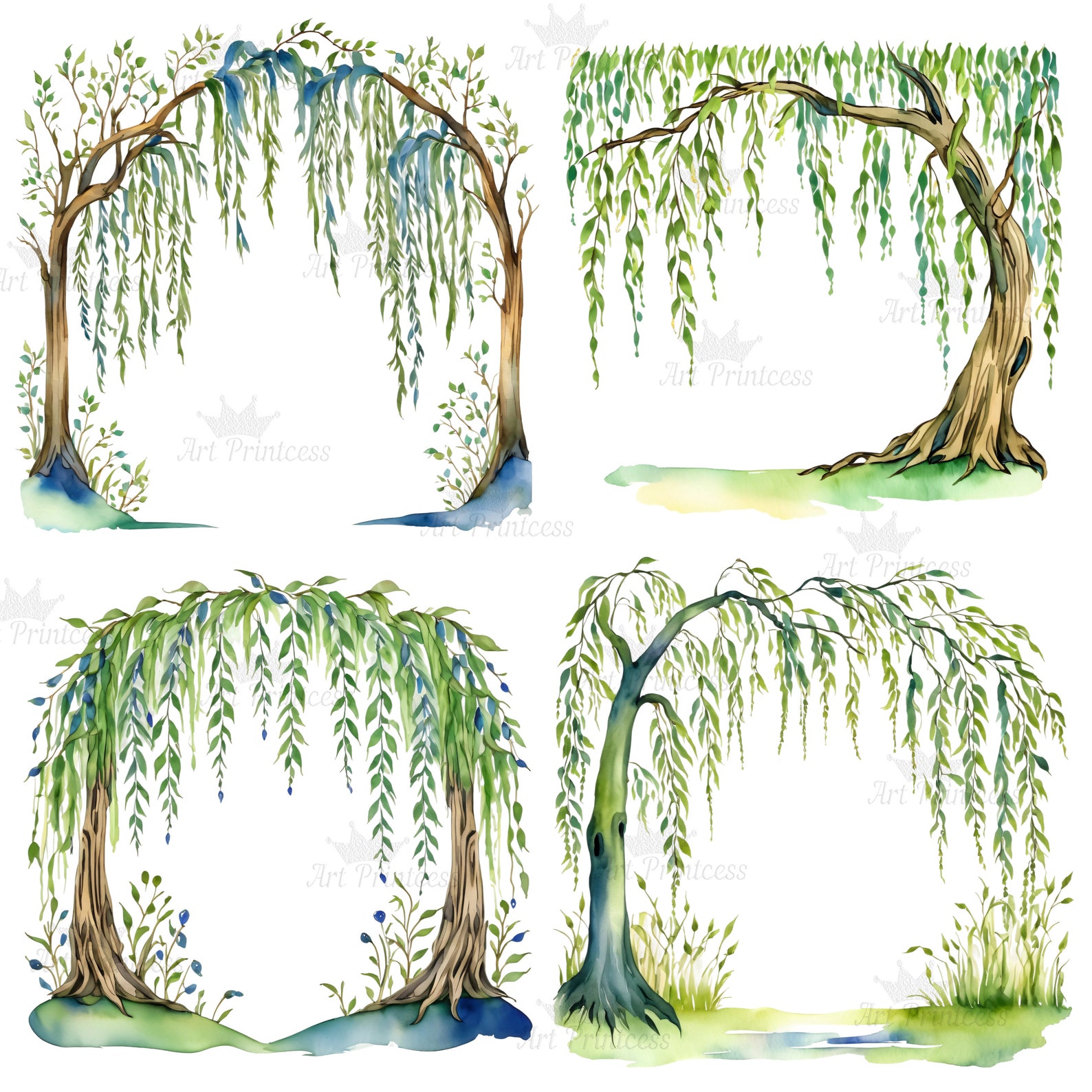 Weeping Willow Tree Border Frame Transparent Background Clipart Bundle ...