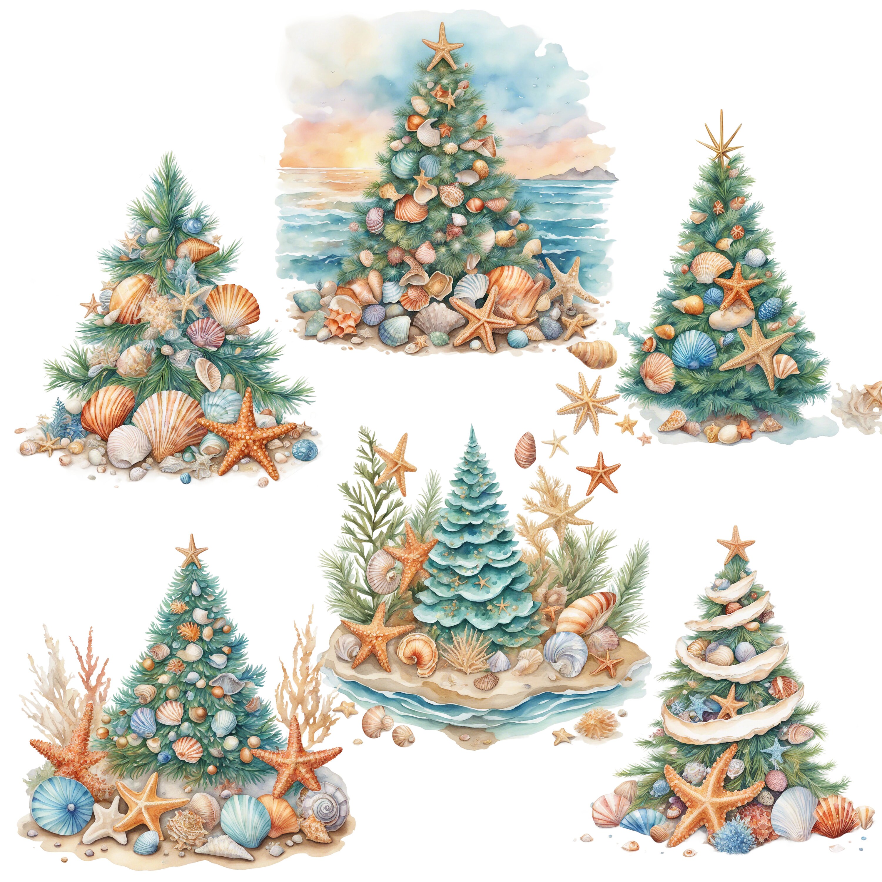 Coastal Christmas Tree Watercolor Clipart PNG Beach Christmas Tree ...