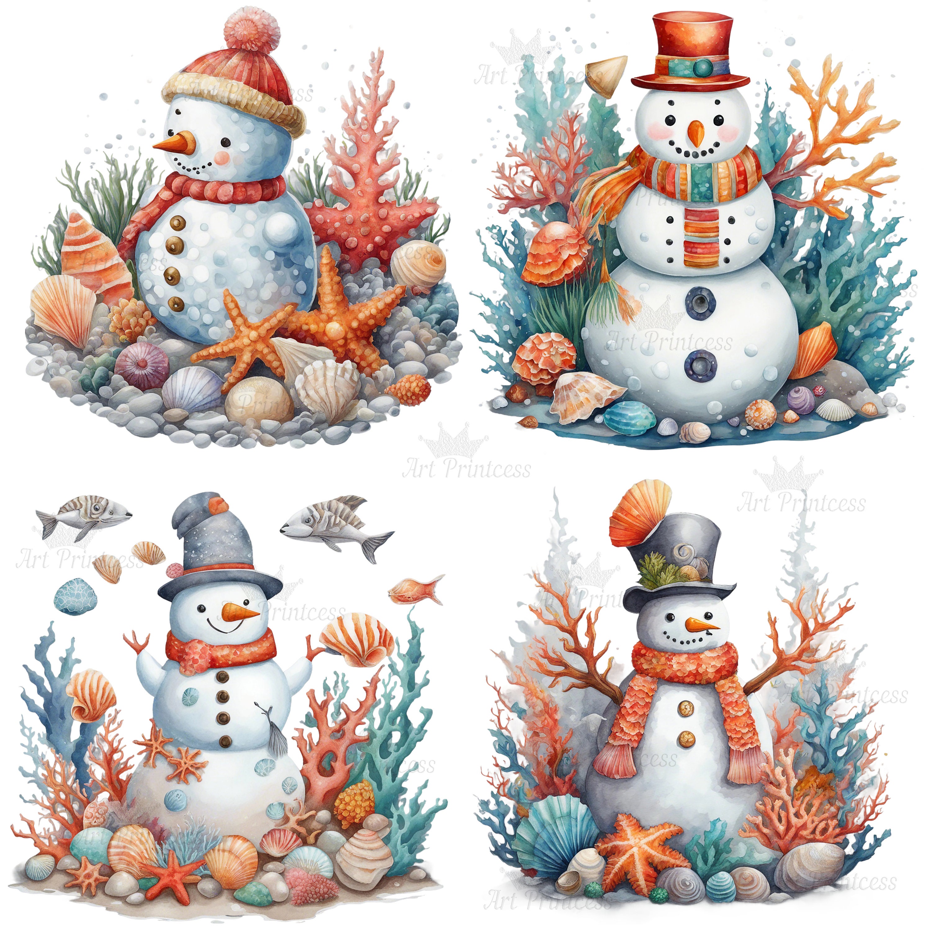 Coastal Tropical Watercolor Snowman Clipart PNG Tropical Winter ...