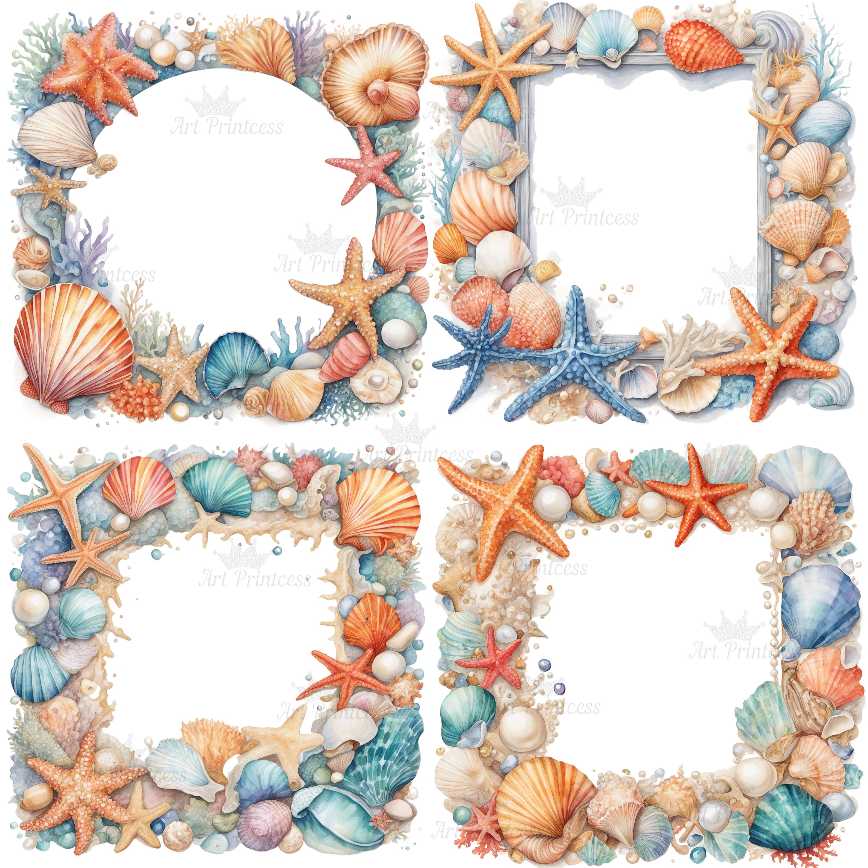 Coastal Seashells 50 Watercolor Border Frames PNG Watercolor Tropical ...