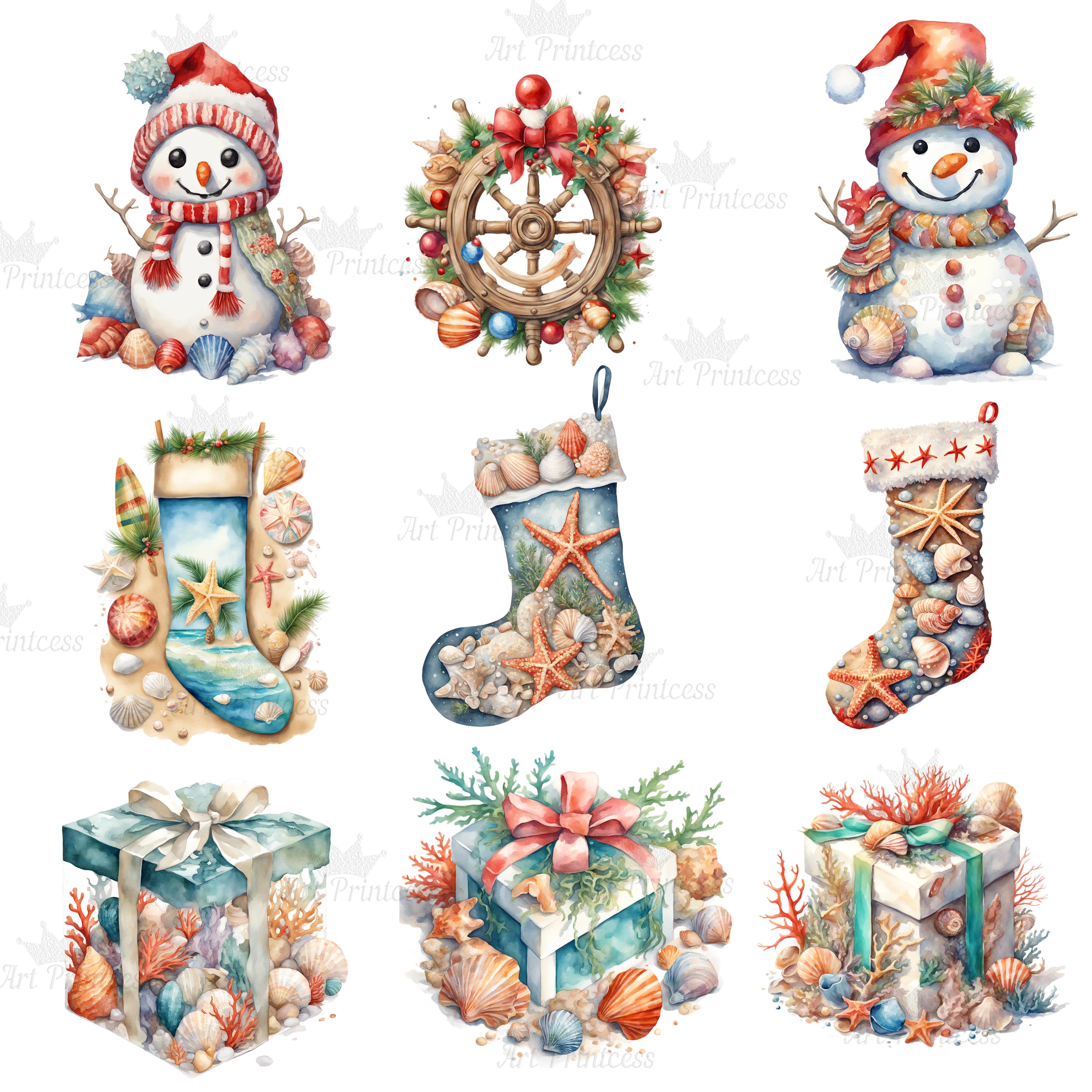 Beach Christmas Coastal Watercolor Clipart Bundle Nautical Christmas ...