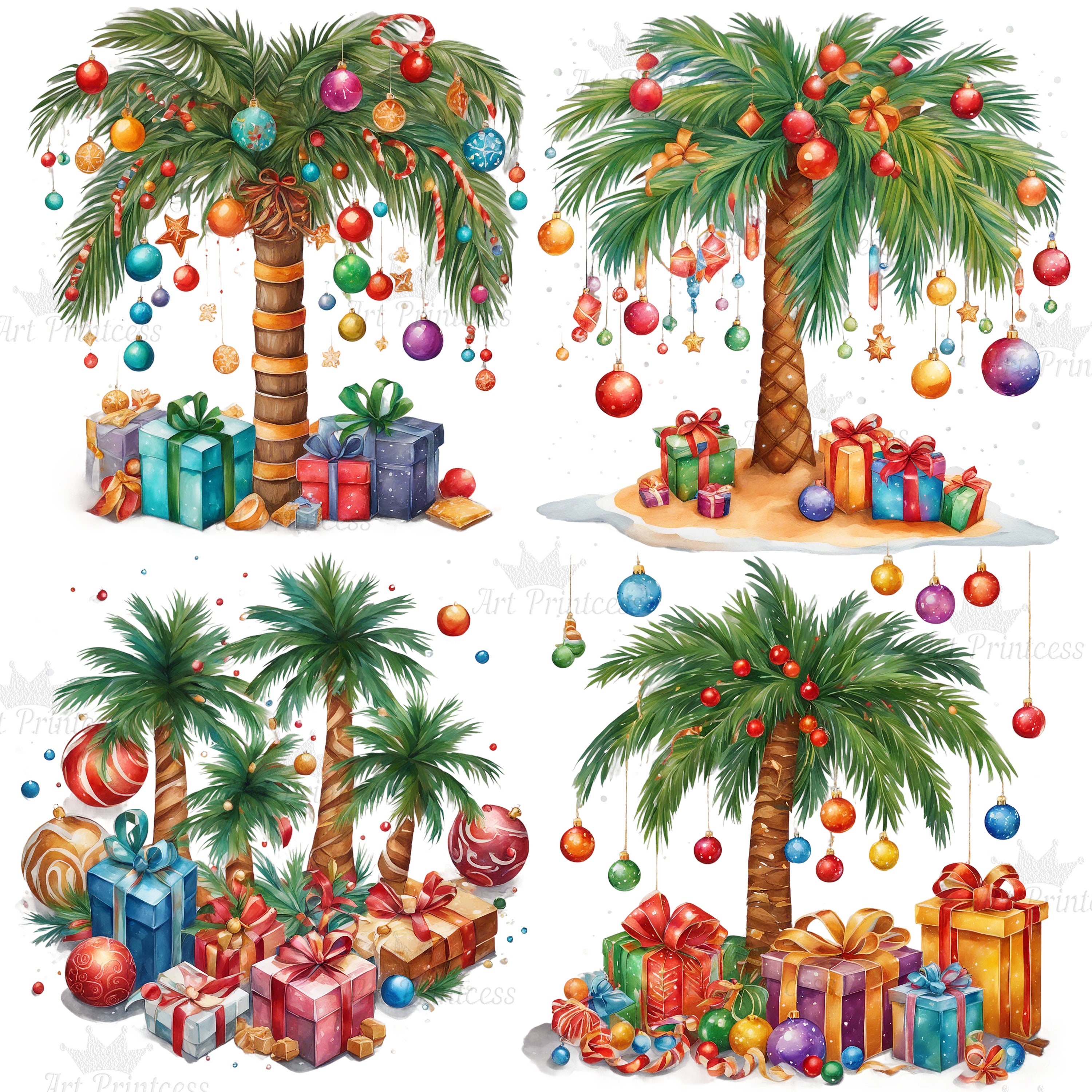 Tropical Christmas Watercolor Palm Tree Clipart PNG Palm Tree Beach ...