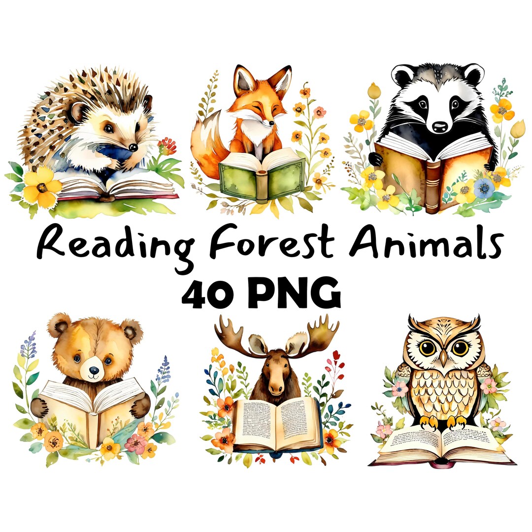 Cute Forest Animals Reading Books Watercolor Clipart Bundle Digital ...