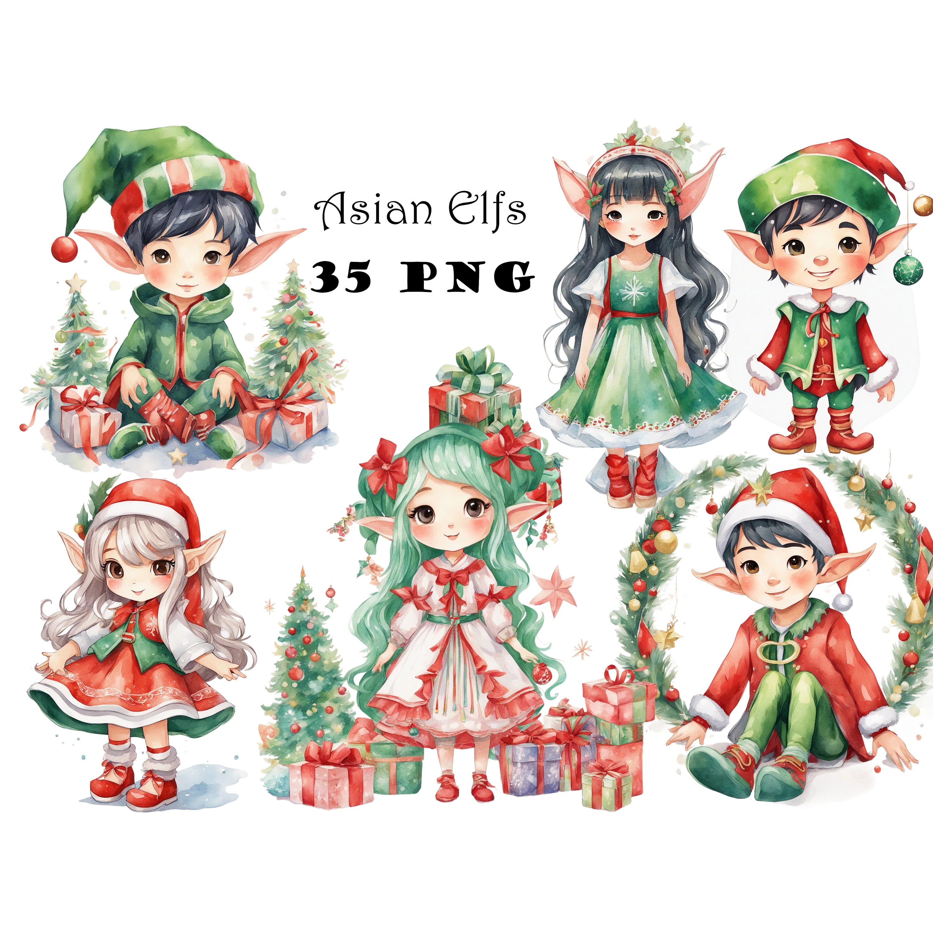 Asian Christmas Elf Clipart PNG Asian Elves Digital Download Bundle ...