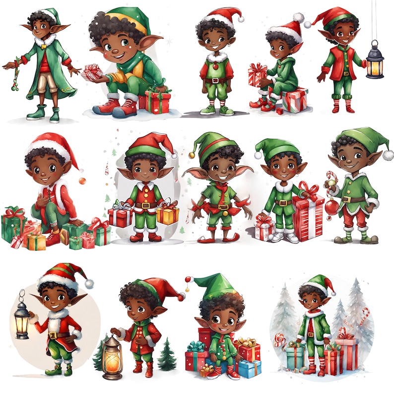 Afro American Elf Clipart PNG Dark Skin Christmas Elves Digital ...